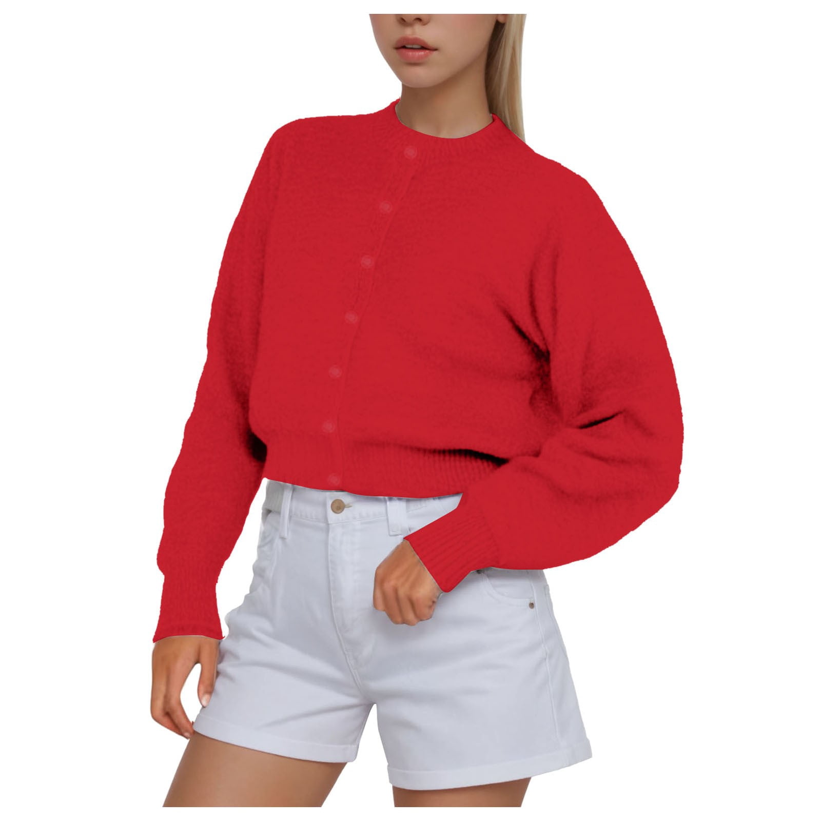 QYZEU Women Cardigan Sweater Short Button Down Long Sleeve Knit Sweater ...