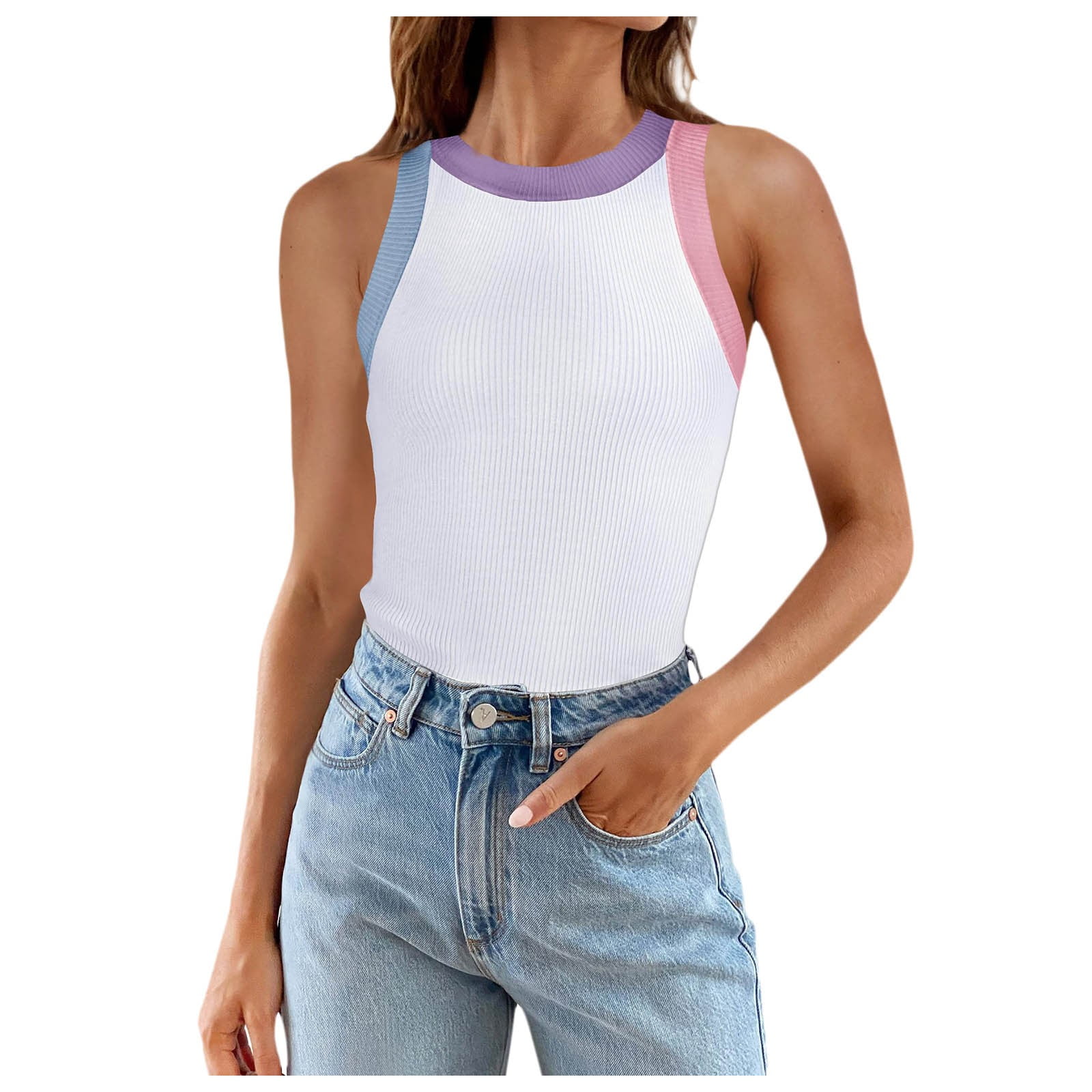 QYZEU Women's Tank Tops Summer Sleeveless Tank Tops Ribbed Round Neck ...