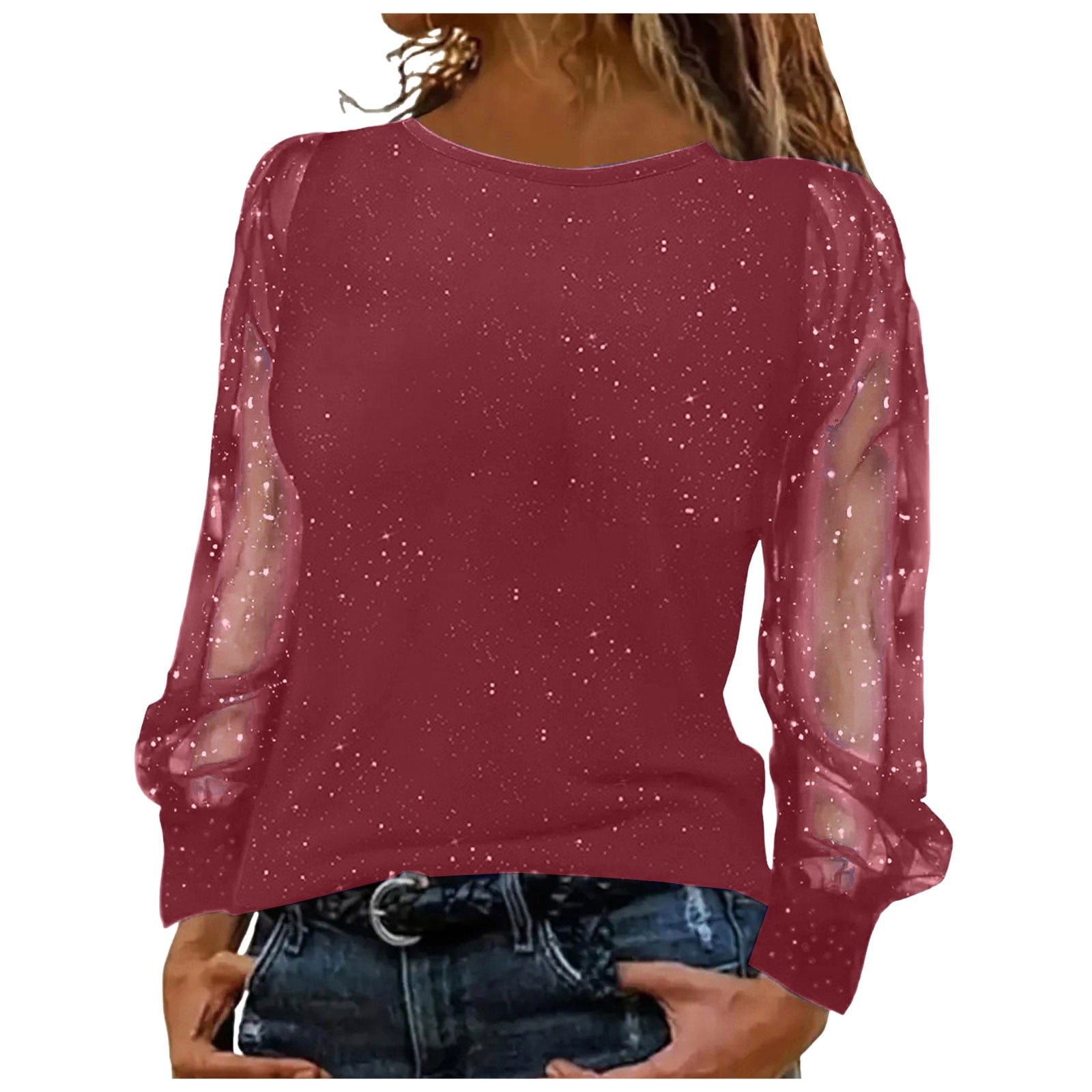QYZEU Women’s Tops Crew Neck Shiny Sequin Fashion Pullover Shirt Puff ...