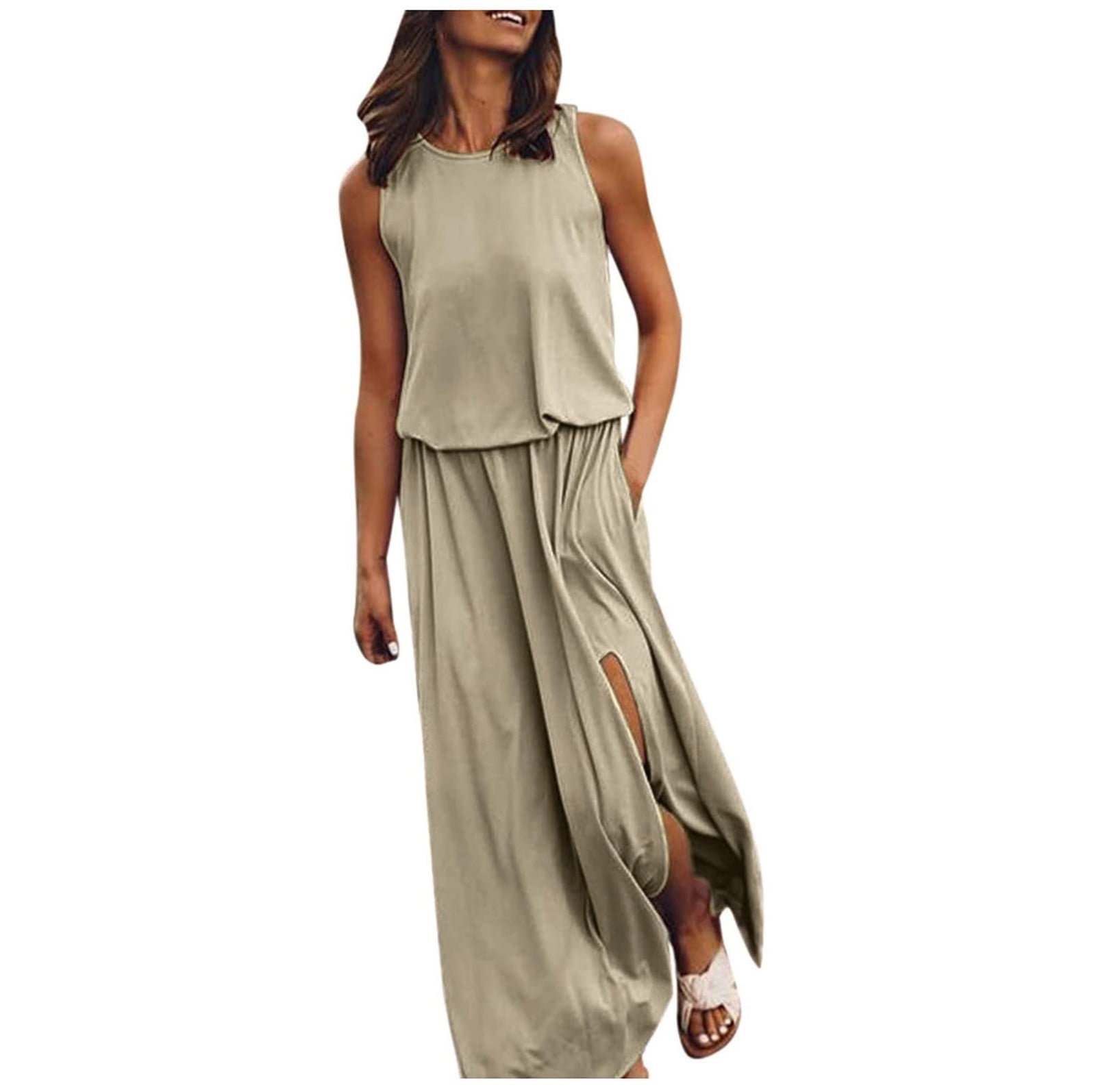 QYZEU Womens Dresses Formal Solid Color Dresses Sleeveless Round Neck ...