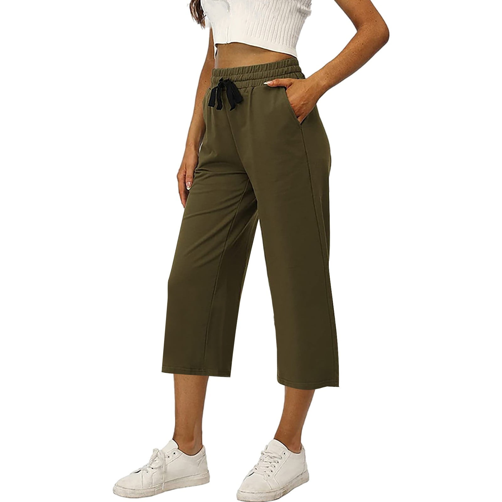 Qyzeu Womens Lounge Pants Set Elastic Waist Carpi Pants Suits Solid