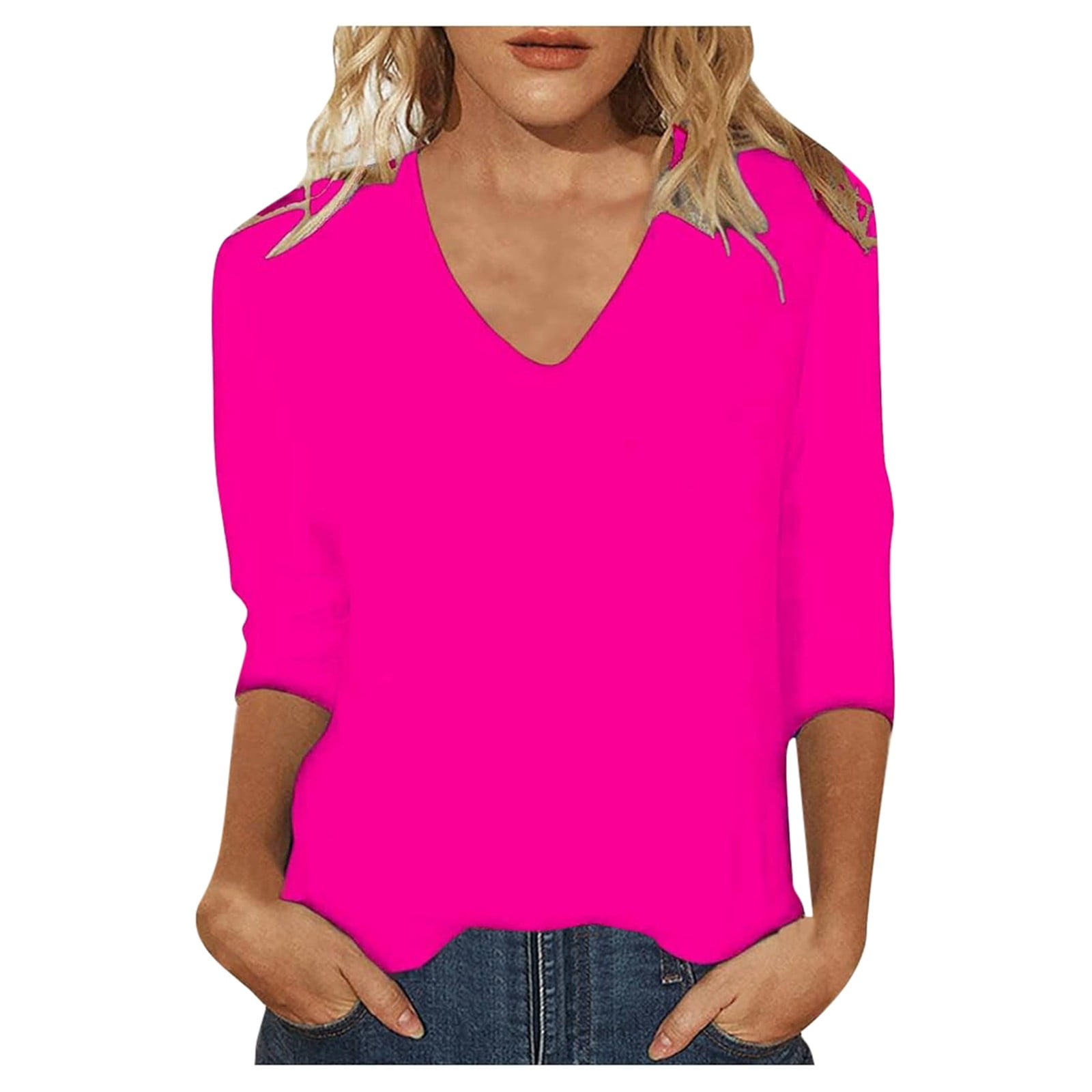 QYZEU Womens Spring Tops Casual Simple Solid Color Daily 3/4 Sleeve V ...