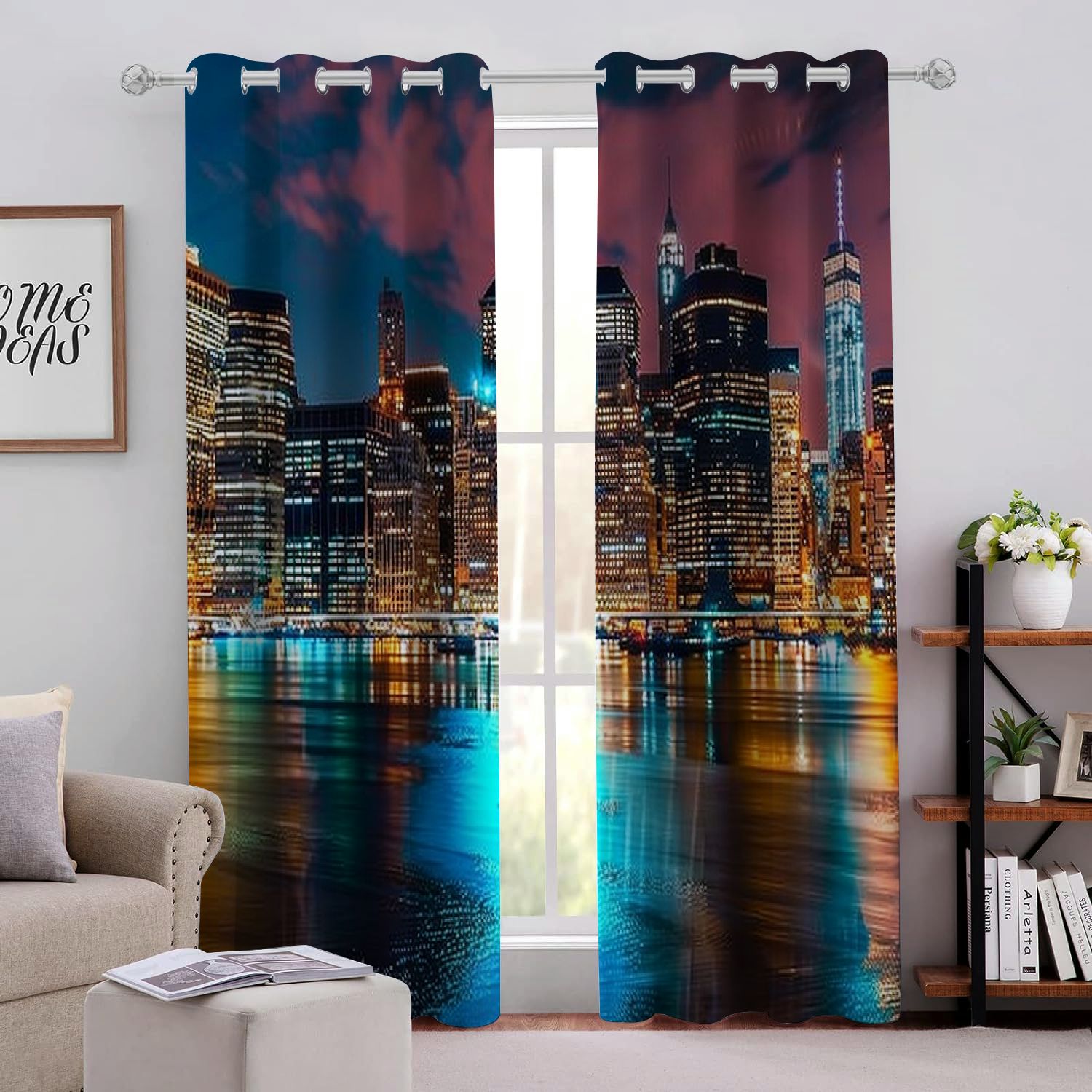 QZHH City Skyline Perforated Blackout Curtains 2-Pack - Light Blocking ...