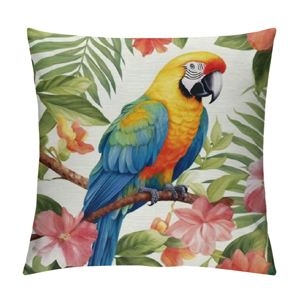 QZHH Tropical Birds Toucan Throw Pillow Covers Parrots Flowers Leaves ...