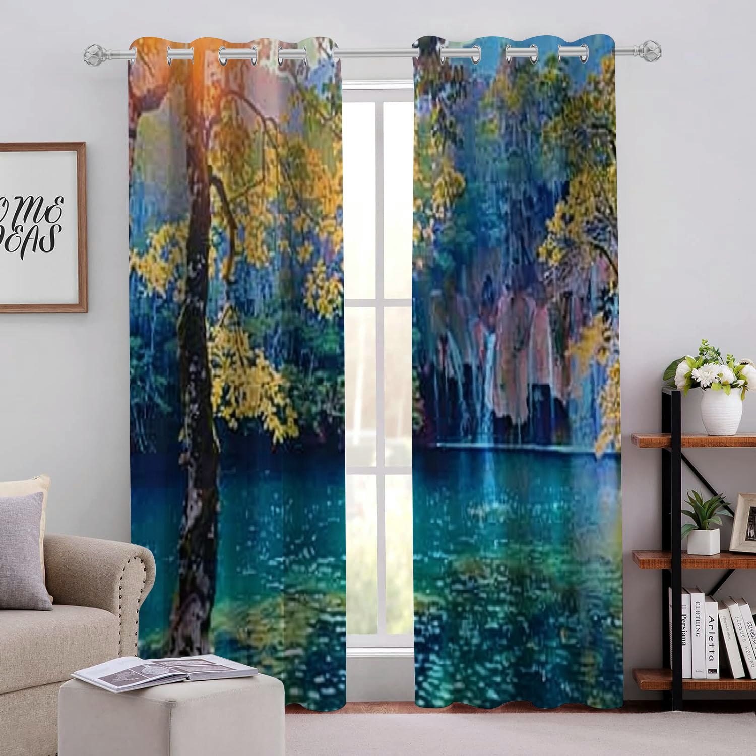 QZHH Waterfall Trees Lake Perforated Light Blocking Curtains 2-Pack ...