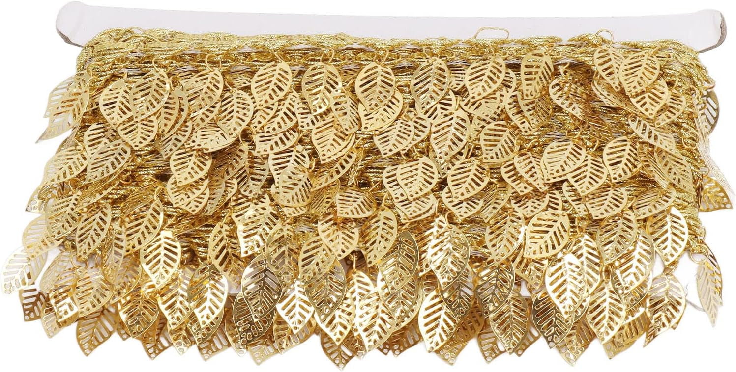QZLGJL 10 Yards Artificial Gold Leaf Ribbon Trim, Sparkling Metal Gold ...