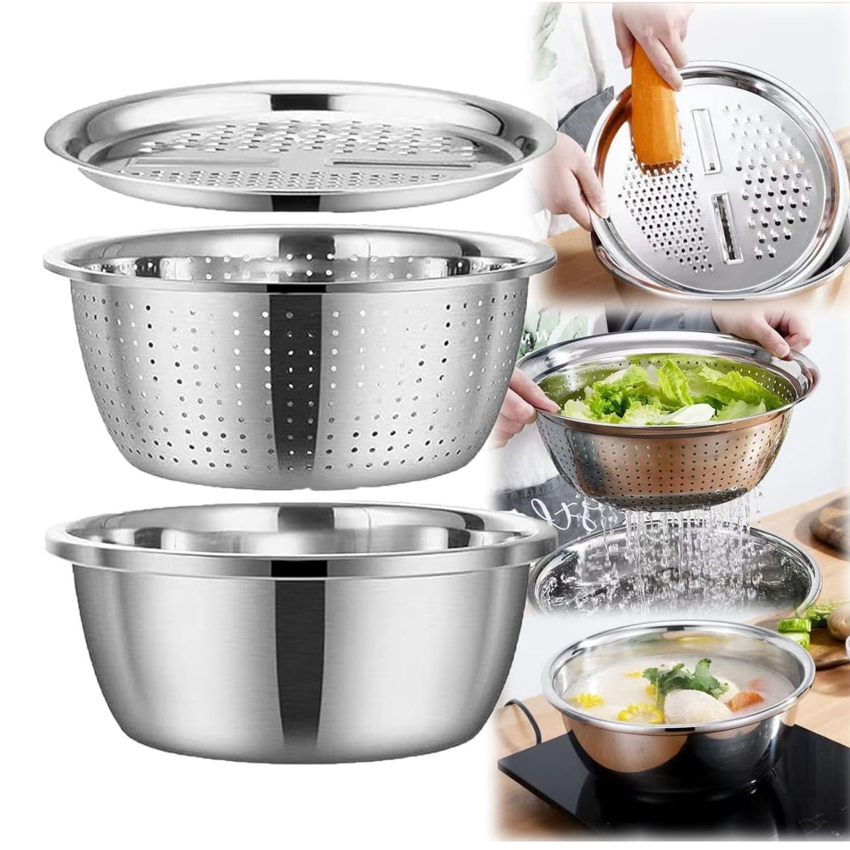 QZS 11In Stainless Steel Grater Three-Piece Set,1Pc Colander Strainer ...
