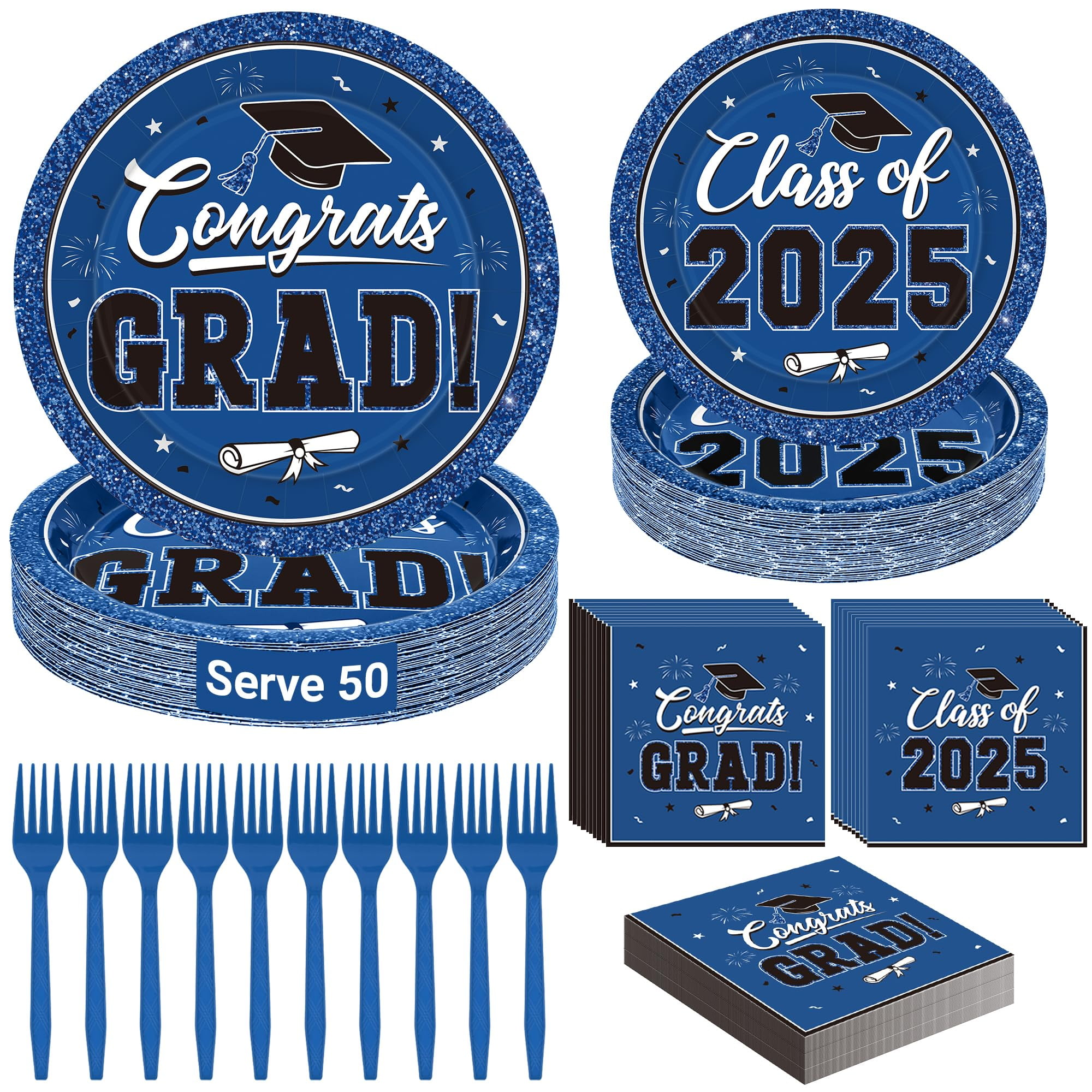 QZYL 50 SET Graduation Plates and AFN1Napkins 2025 and Forks, Blue ...