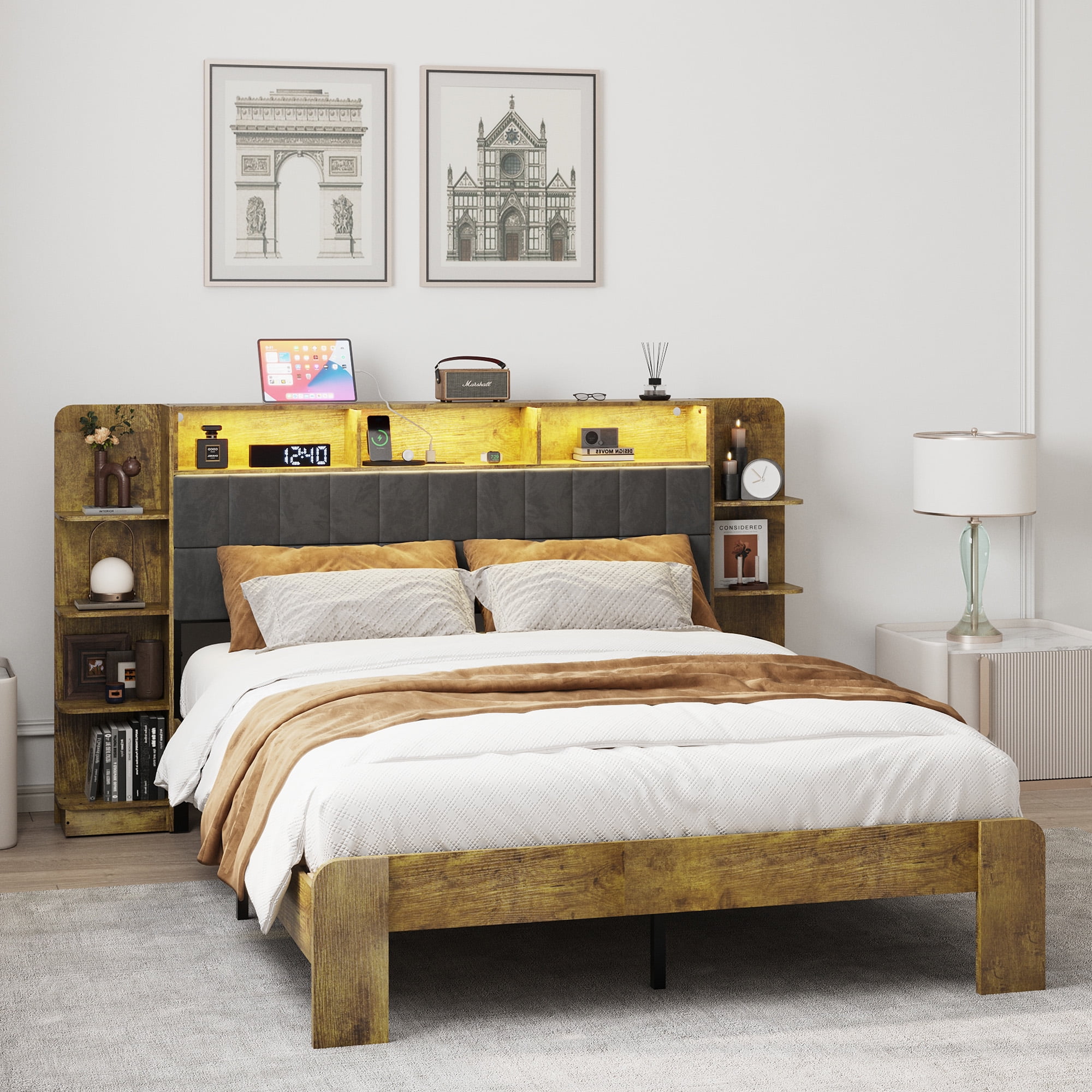QZYeYun Queen Bed Frame with Storage Headboard and Bookcase Shelves ...