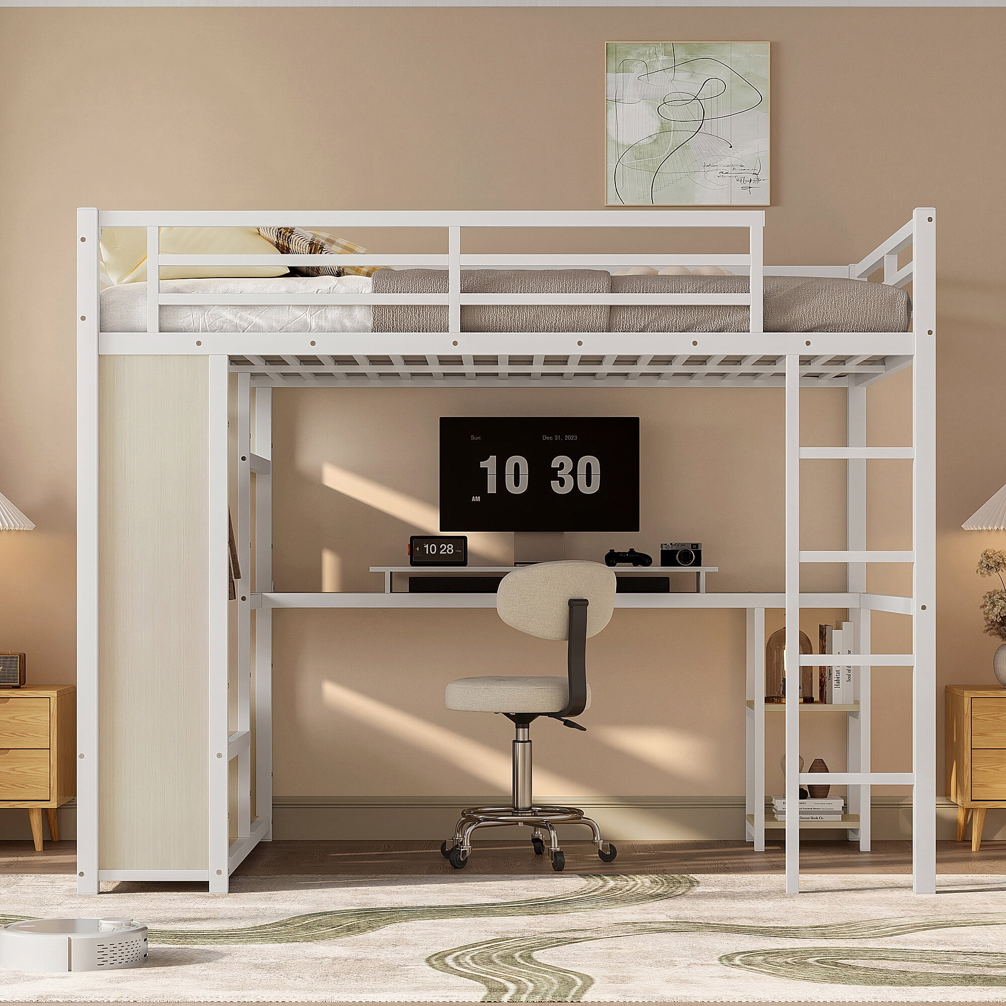 QZYeYun Queen Size Loft Bed with L Shaped Desk and Built-in Wardrobe ...