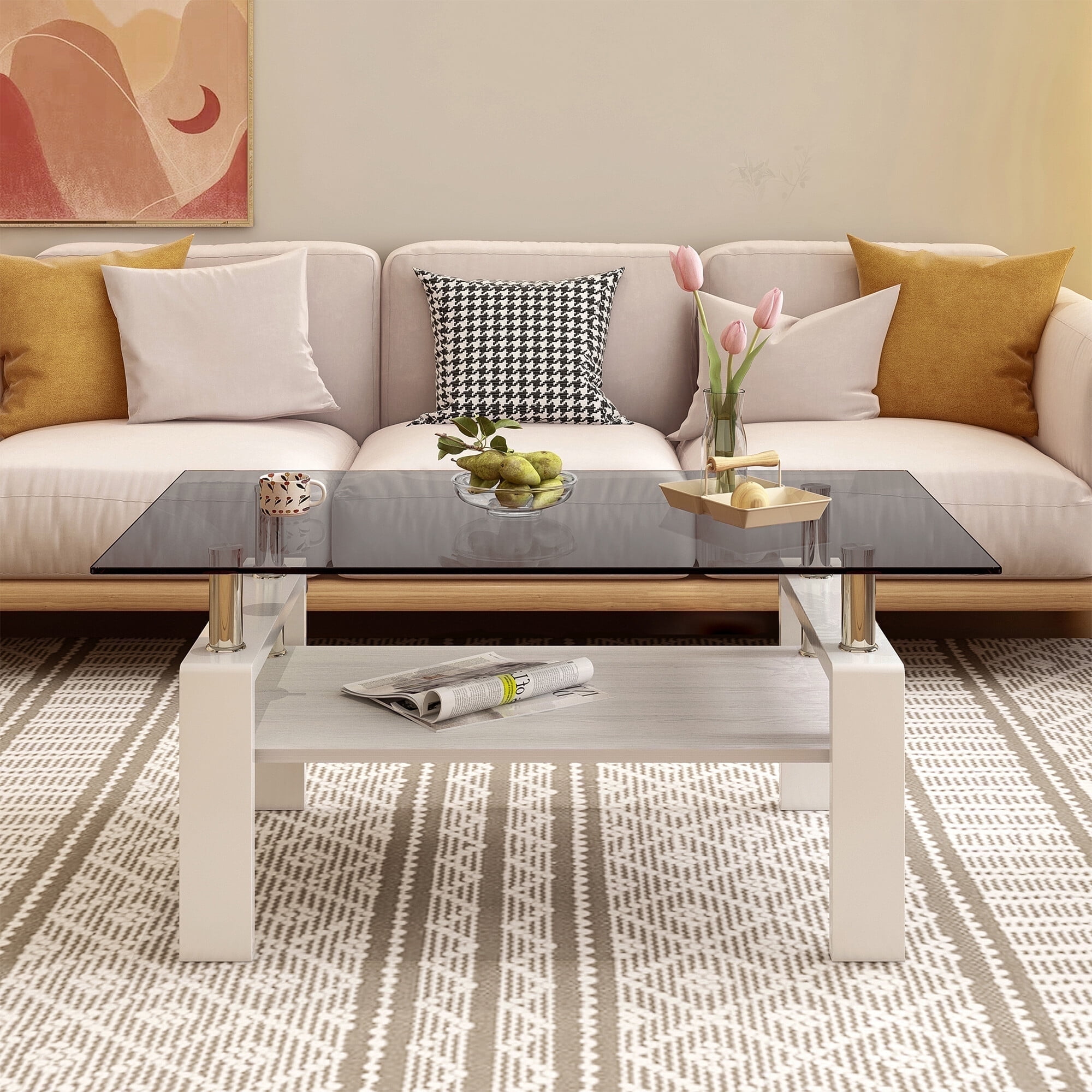 QZYeYun Rectangle Glass Coffee Table for Living Room, Gray Glass Coffee ...