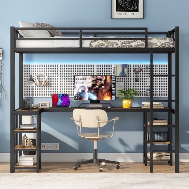 White Full Size Loft Bed Boasting a Built-in Desk & Storage Shelves ...