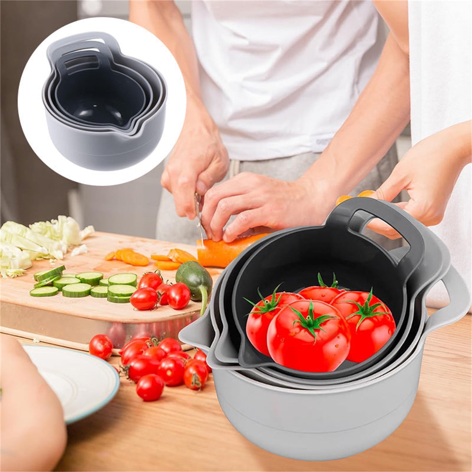 Qaailabf 4-Piece Gray Plastic Mixing Bowls Set Stackable Nesting Salad ...