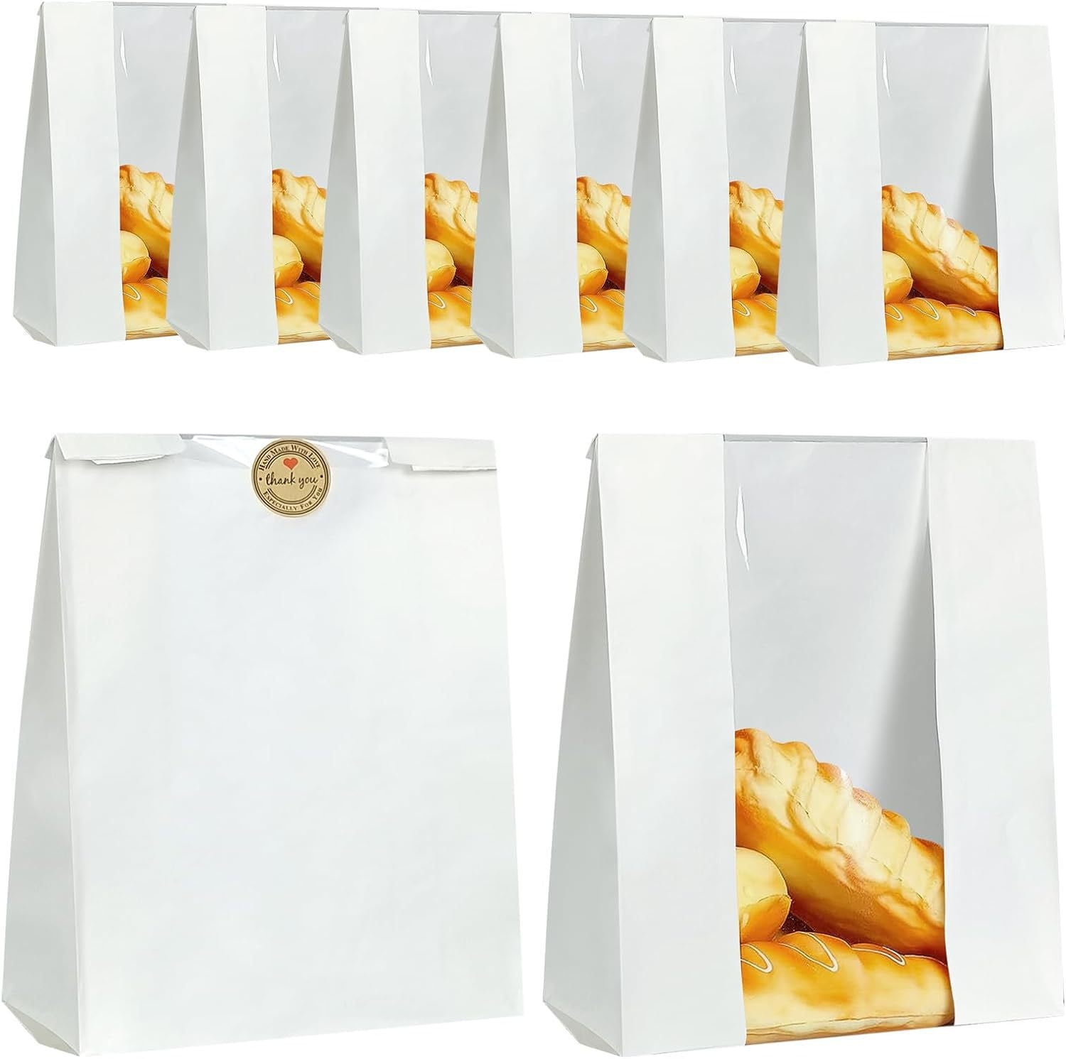 Qaailabf 50 Pack Kraft Paper Bread Bags with Window 11.4x8.2x3.5 Inch ...