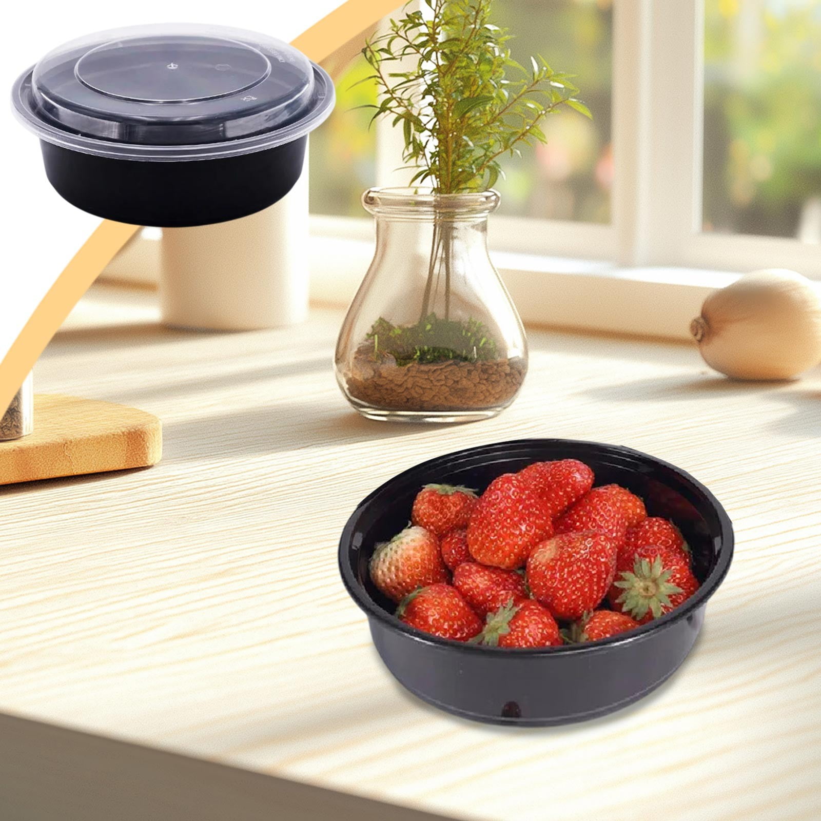 Qaailabf 50Pcs Disposable Circular Lunch Box with Lid, Black Plastic ...