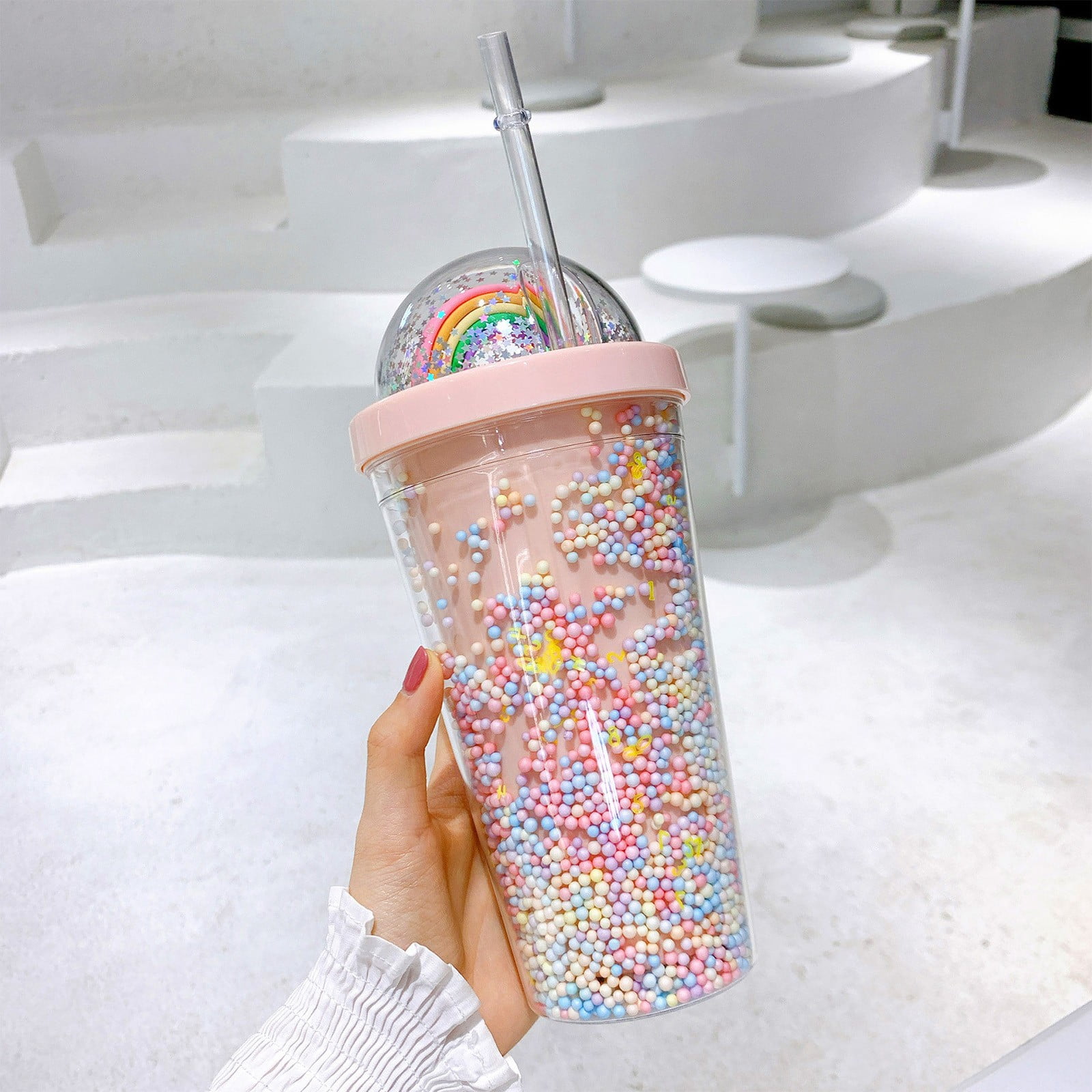 Qaailabf 550ml Pink Summer Straw Cup Double Wall Insulated Water Bottle ...
