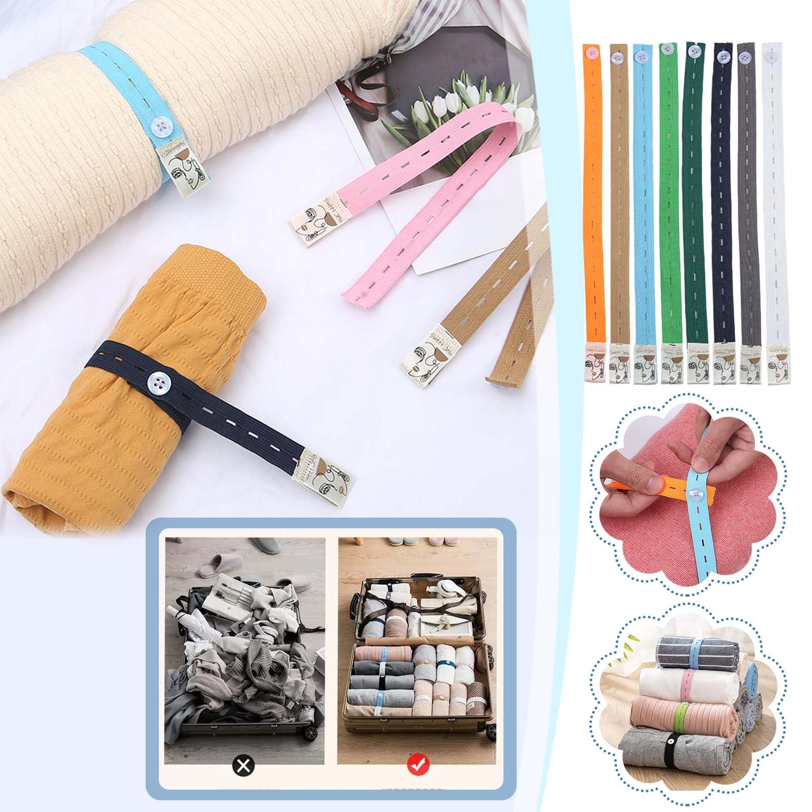 Qaailabf Adjustable Clothes Storage Strap Roll-Up Organizer Band with ...