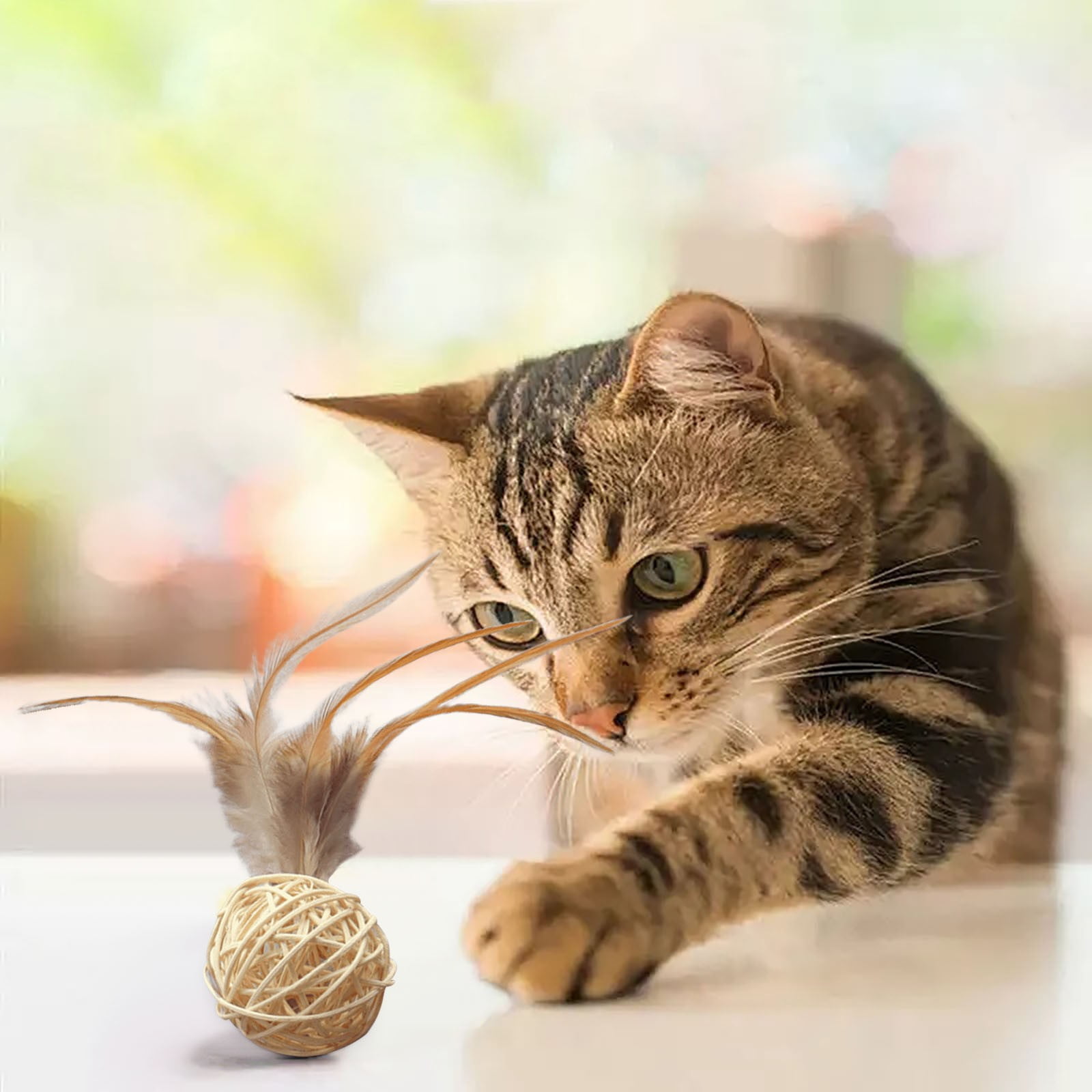 Qaailabf Cats Toy Ball With Natural Feather, Hand-Woven Rattan Design ...