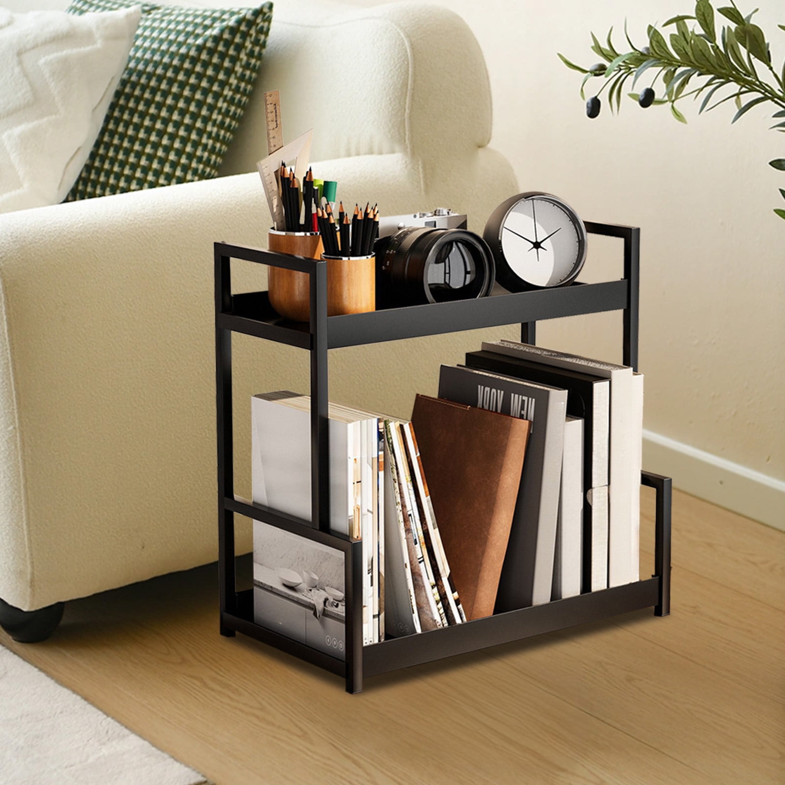 Qaailabf Modern 2-Tier Storage Shelf Rack, Black Plastic Organizer with ...