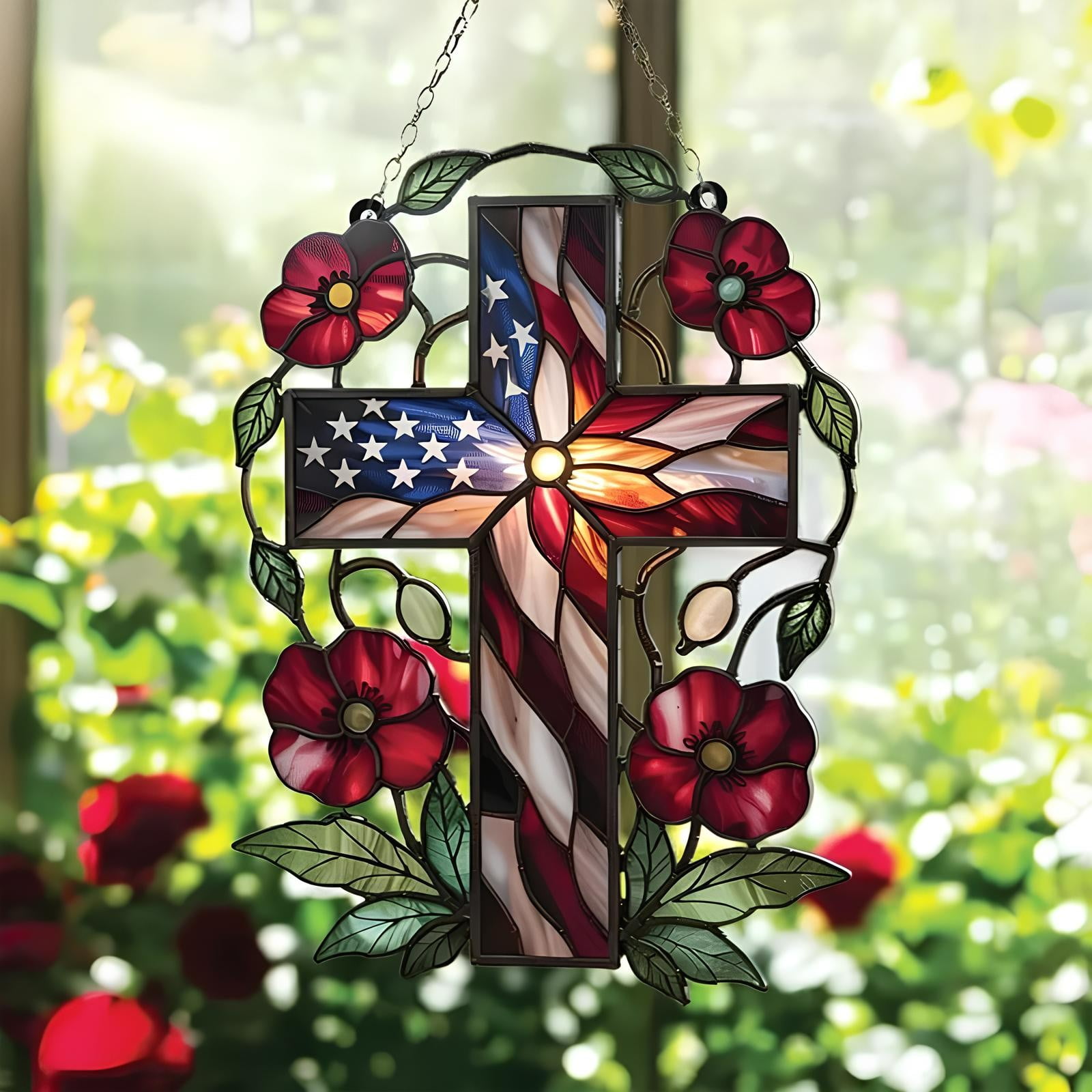 Qaailabf Patriotic SunCatcher Window Art | Red White Blue Flag Design ...