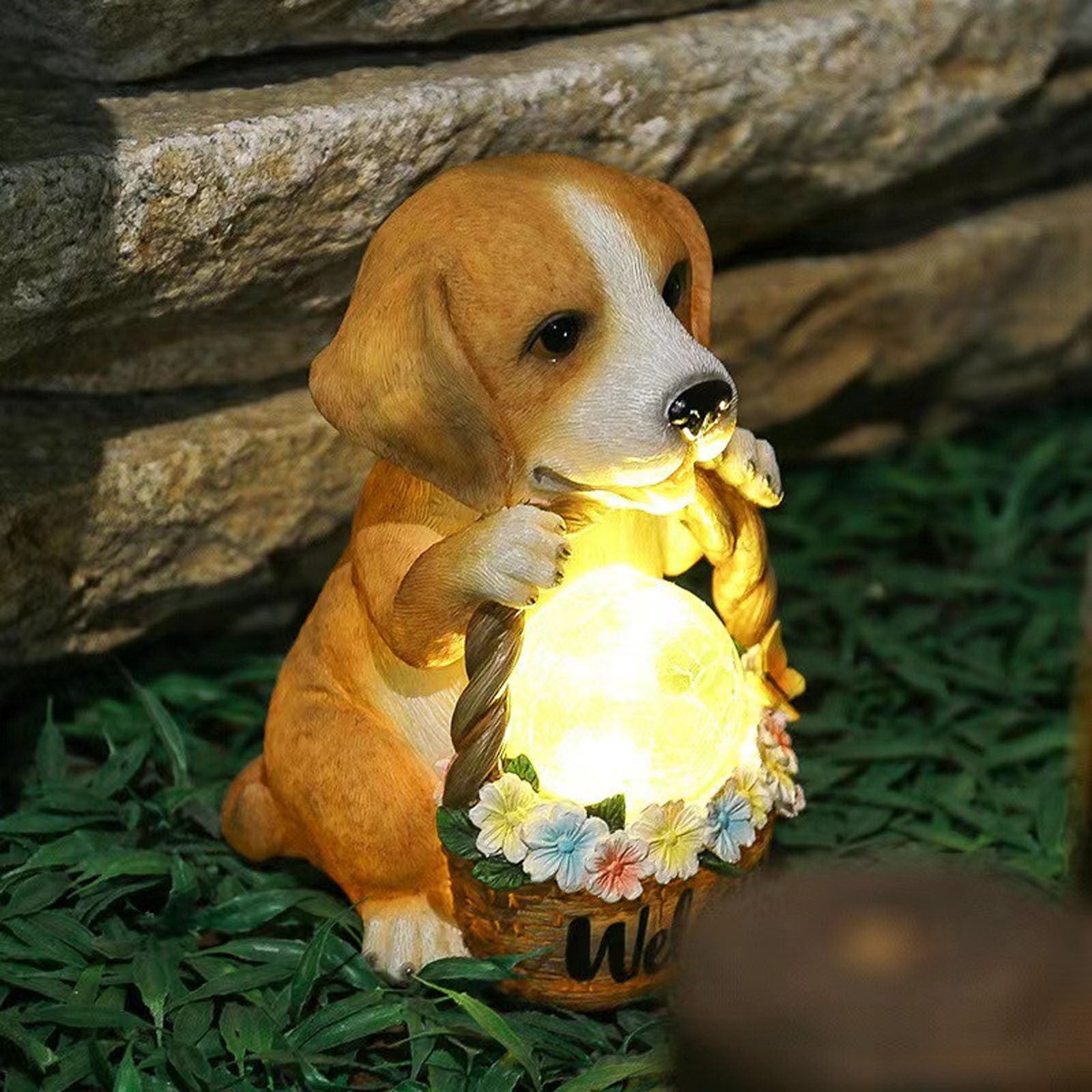 Qaailabf Solar Powered Garden Welcome Sign Lamp | Puppy Dog Statue ...