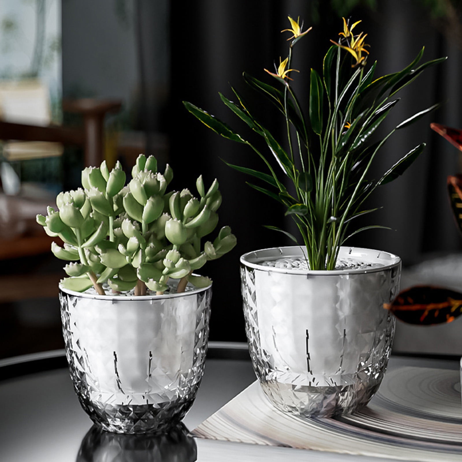 Qaailabf Transparent Diamond Flower Pot Double Layer Water Storage Self ...