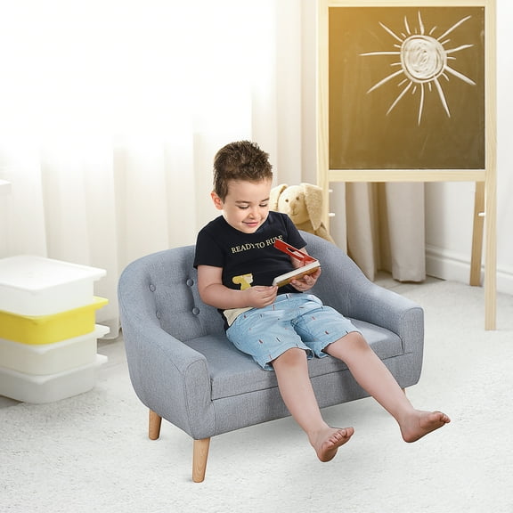 2-Seat Kids Sofa Linen Fabric and Wooden Frame Sofa for Kids and ...
