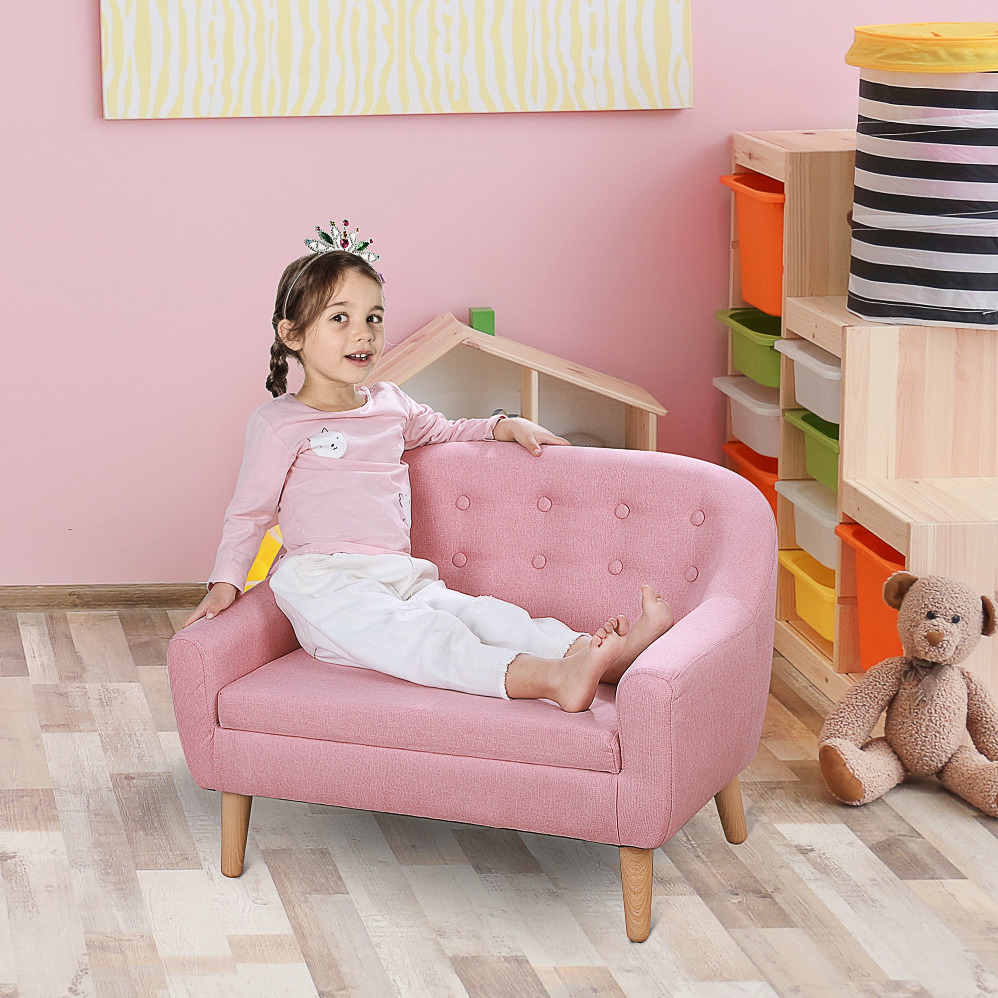 Qaba Kids Room Furniture: 2-Seat Pink Couch for Children Ages 3-7, Seat ...