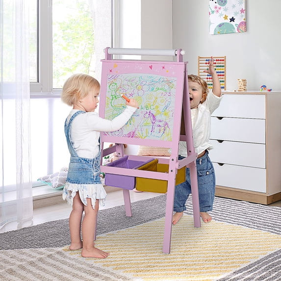 Qaba 3 In 1 Kids Wooden Art Easel, Paper Roll, Double-Sided Chalkboard ...