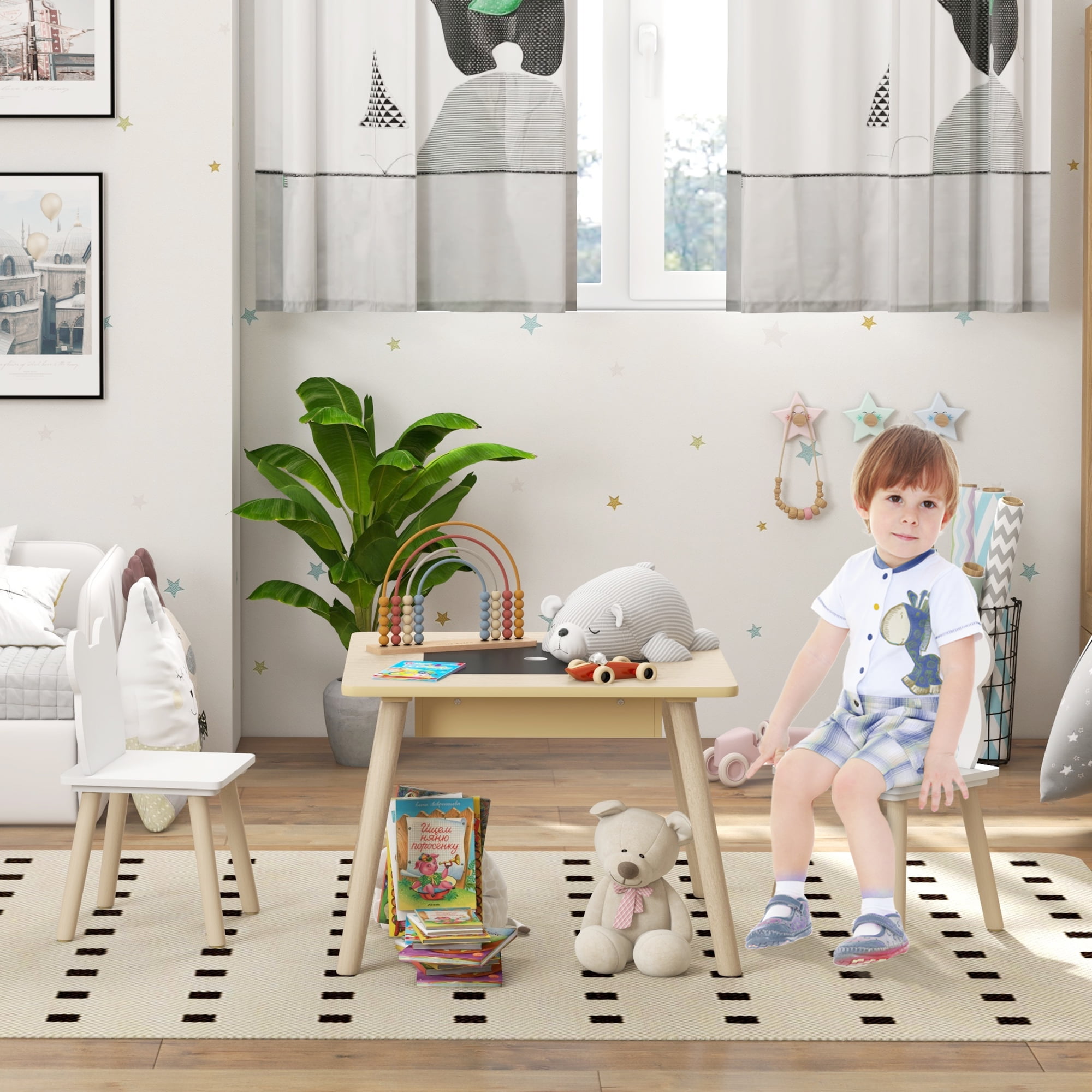 Qaba 3 Piece Kids Table and Chair Set, 3 in 1 Toddler Table and Chair ...