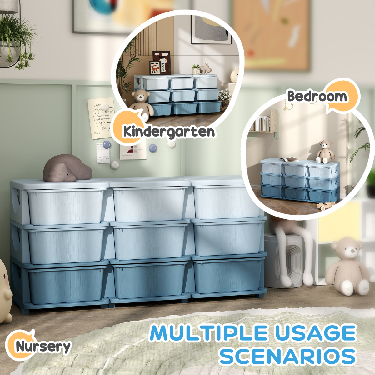 Qaba 3 Tier Kids Storage Unit 9 Drawer Chest Toy Organizer Plastic Bins ...