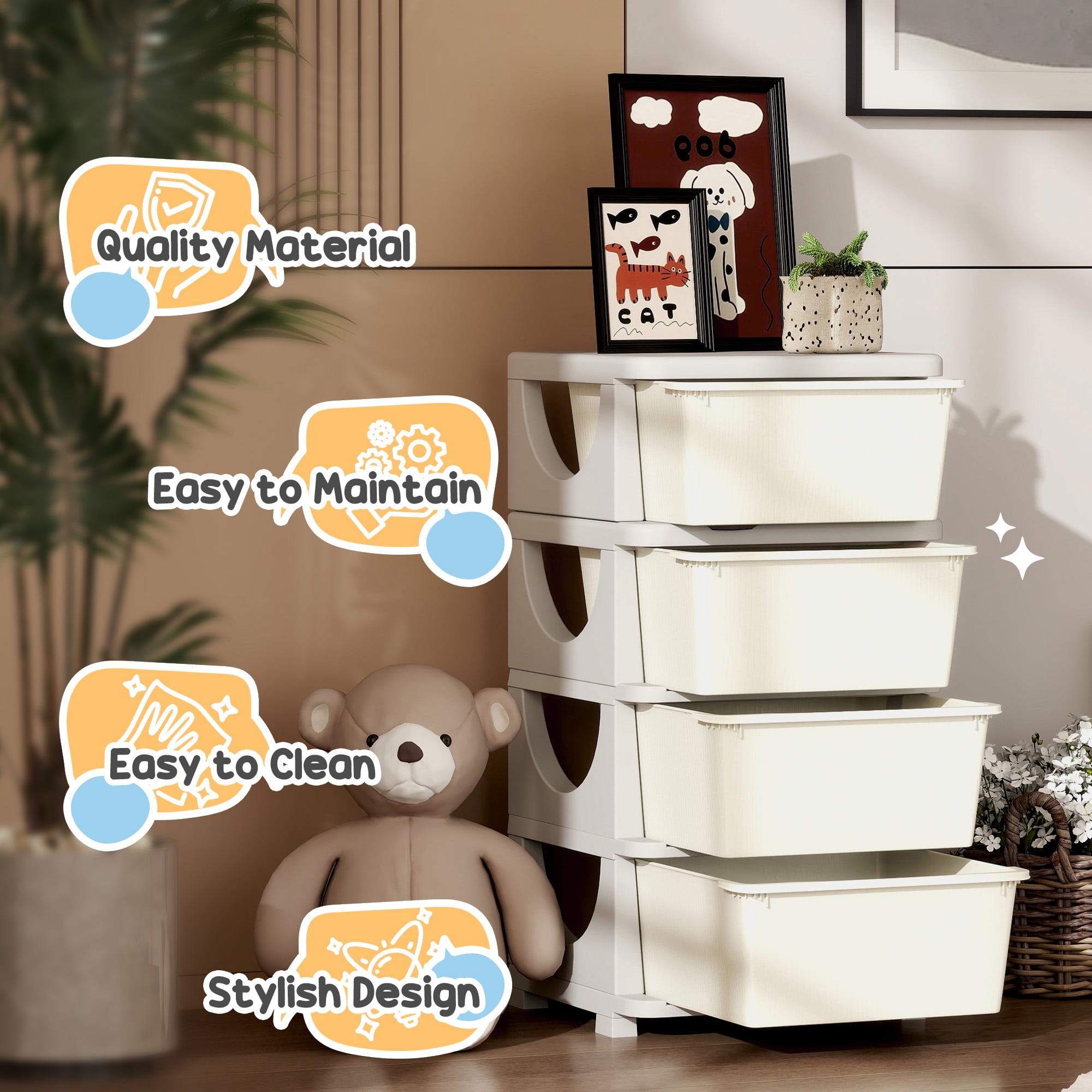 Qaba 4 Tier Kids Storage Unit,4 Drawer Chest Toy Organizer Plastic Bins ...
