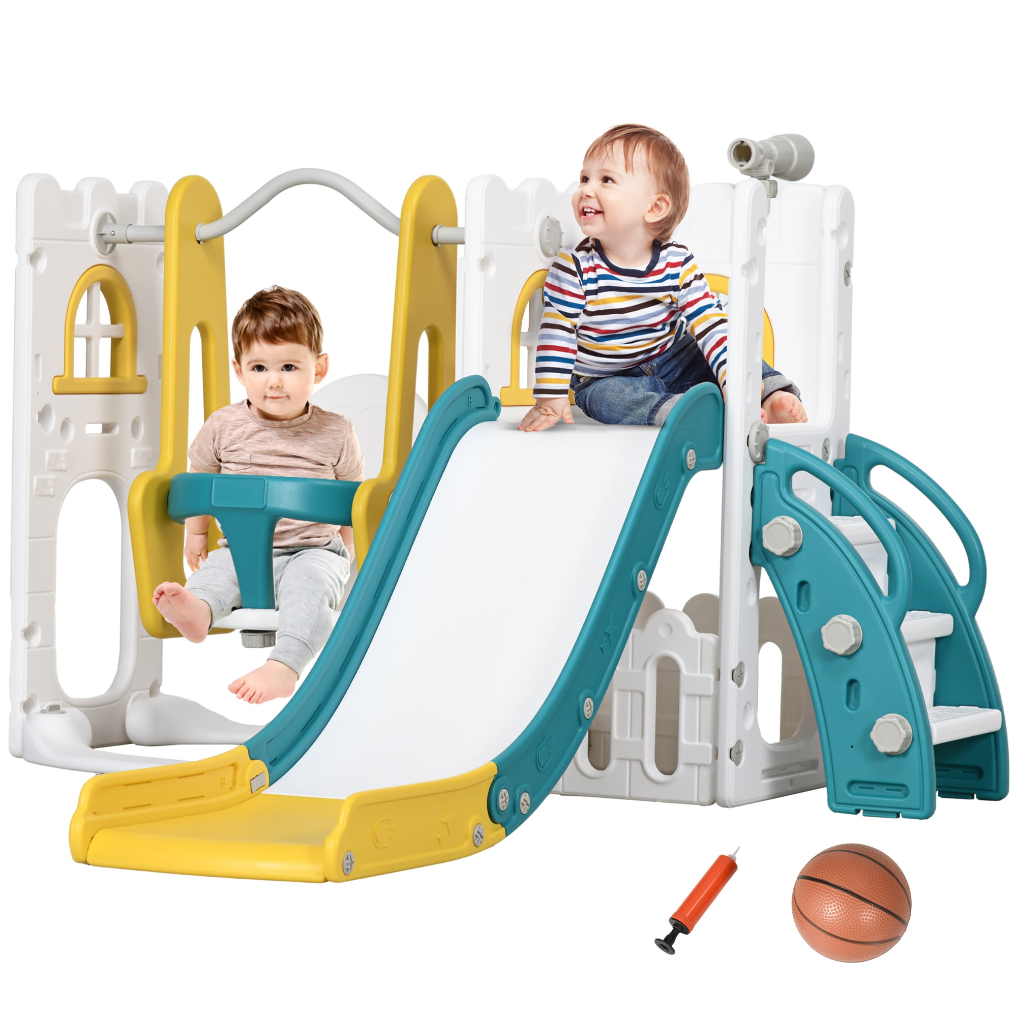 Qaba 6 in 1 Toddler Slide and Swing Set, Baby Slide for Age 1-3 Years with Basketball Hoop ...