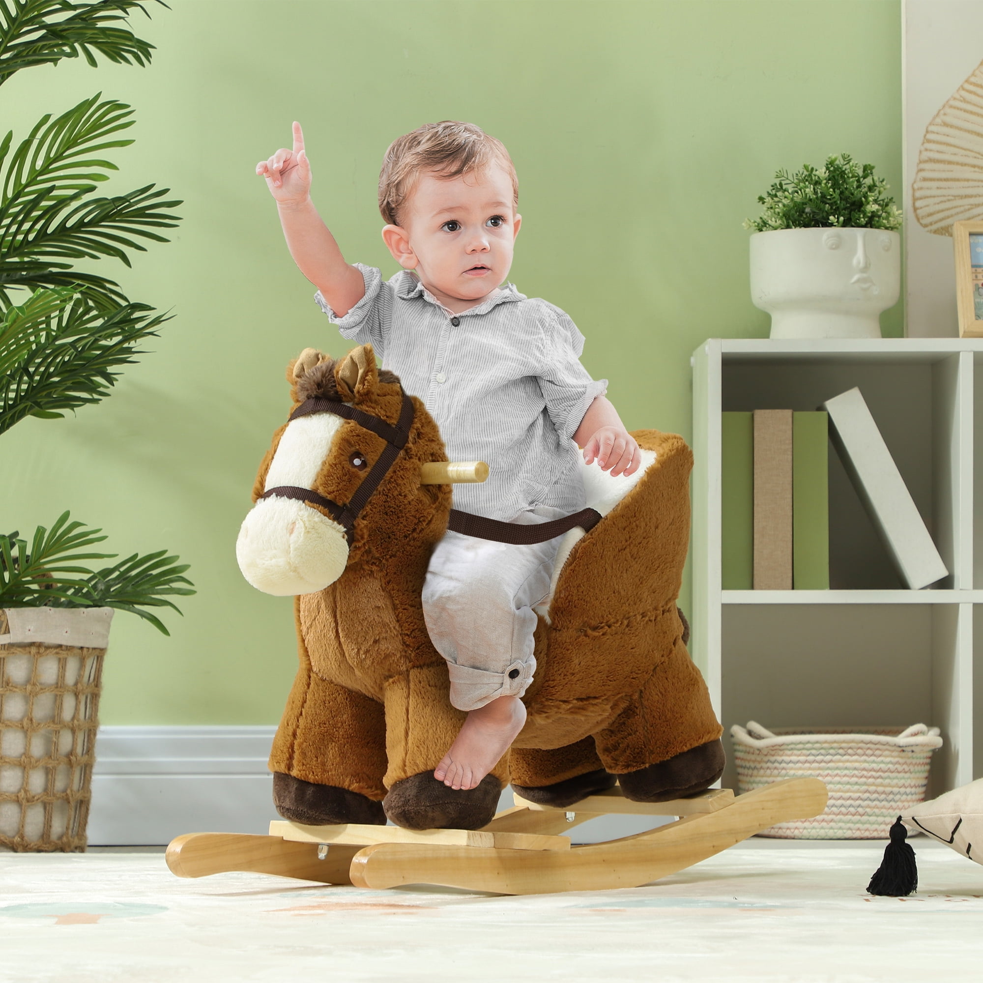 Qaba Baby Rocking Horse, Kids Ride on, Plush Animal Rocker with Sound ...
