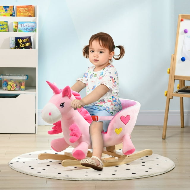 Qaba Toddler's Rideable Unicorn Rocking Horse with 32 Songs, Seatbelt ...