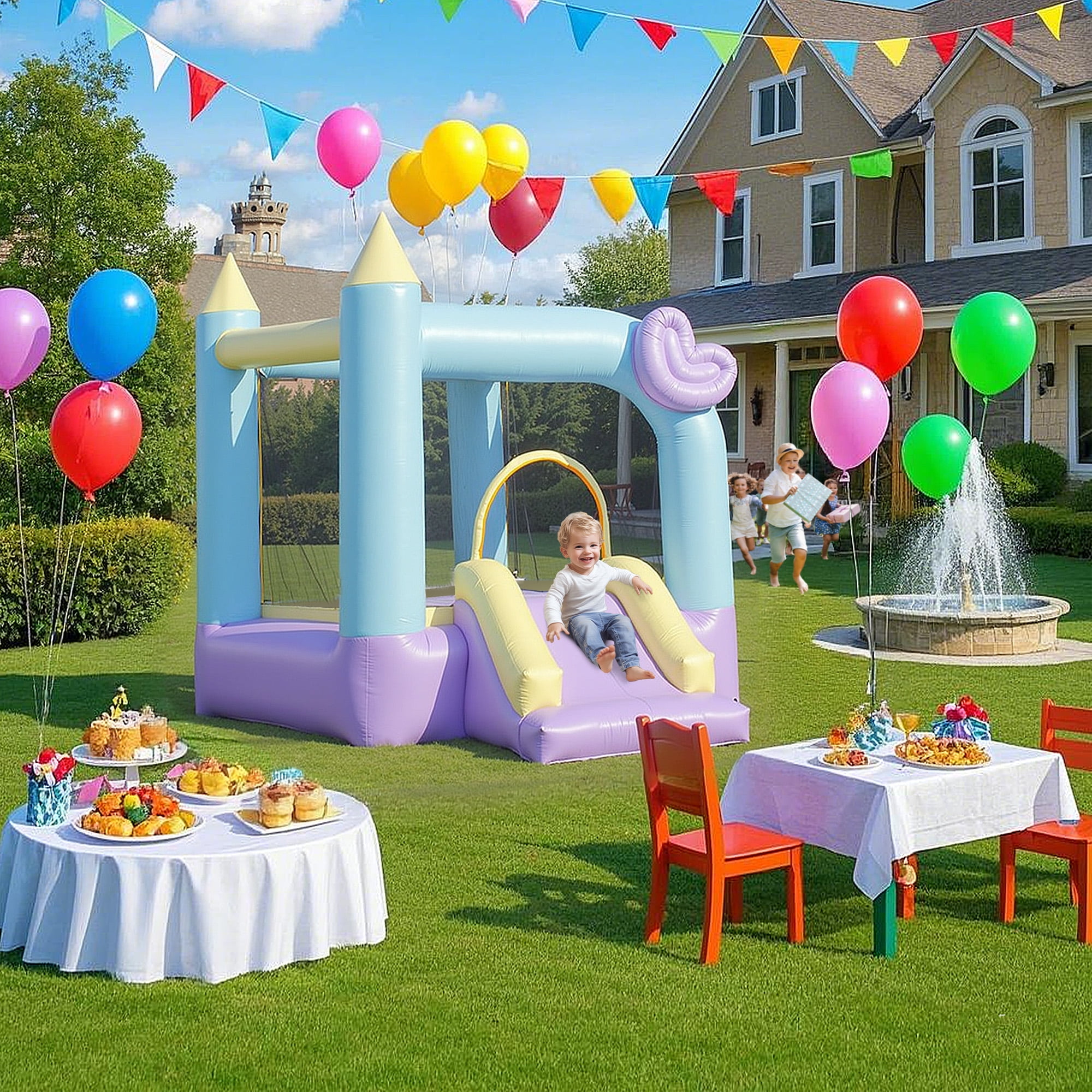 Qaba Bounce House, Inflatable Bouncer with Air Blower, Slide, Stakes ...