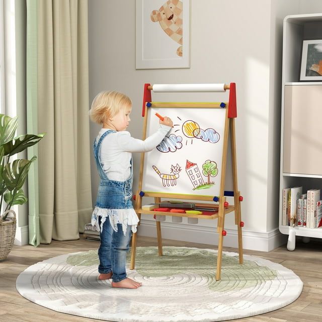 Qaba Easel for Kids, 3 in 1 Kids Art Easel with Paper Roll, Whiteboard, Chalkboard, Double Sided ...