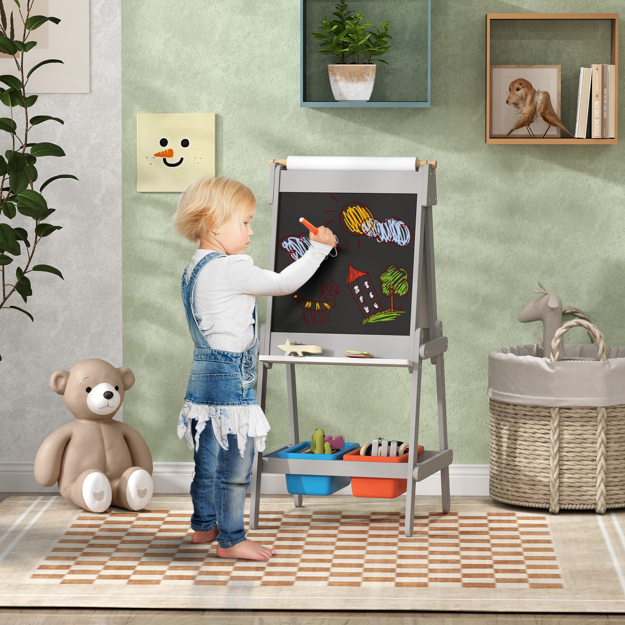 Qaba Easel for Kids, Art Easel with Paper Roll, Double Sided Whiteboard & Chalkboard with ...