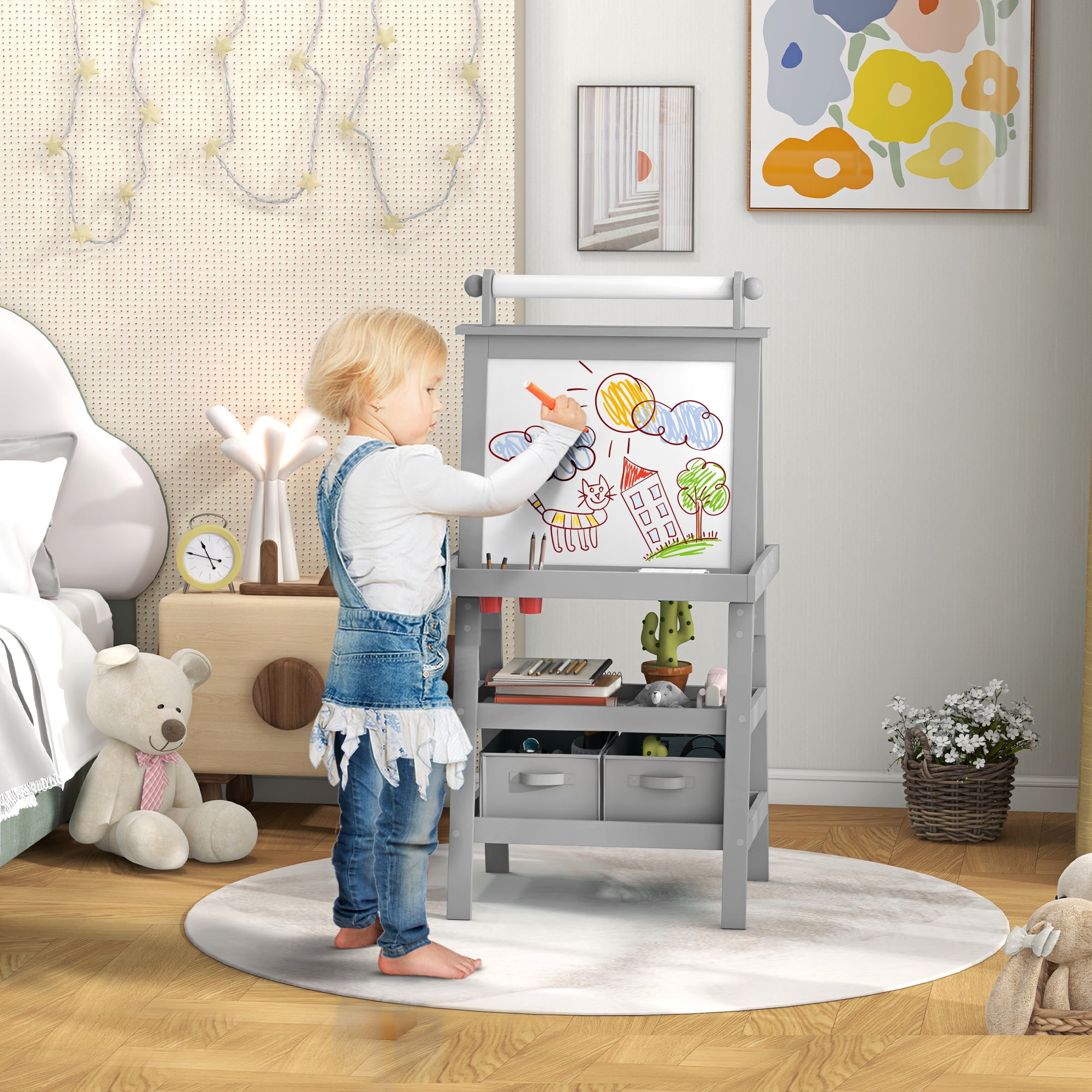 Qaba Easel for Kids, Double Sided Kids Art Easel with Paper Roll ...