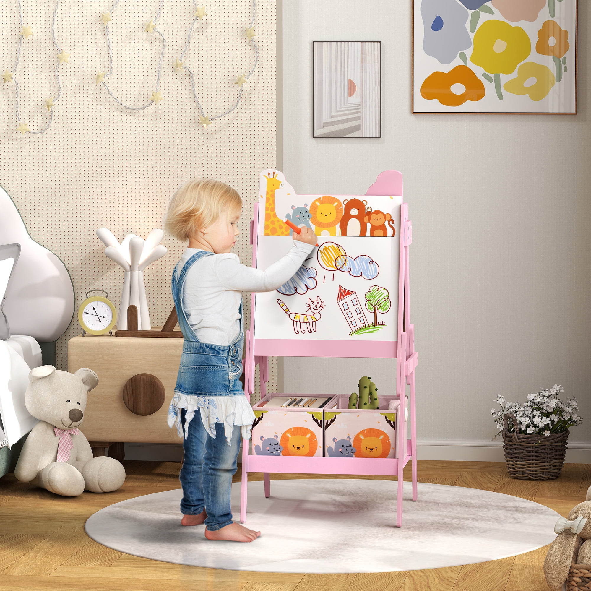 Qaba Easel for Kids, Double-Sided Kids Easel with Whiteboard ...