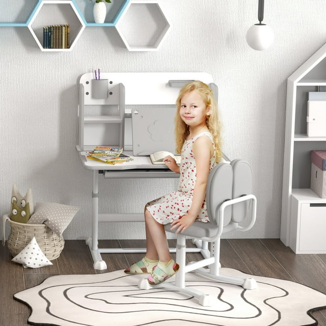Qaba Height Adjustable Kids Desk and Chair Set w/ Reading Rack, Gray ...