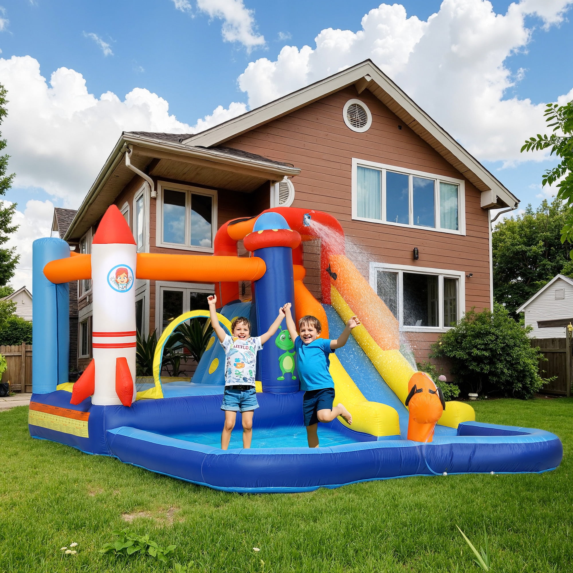 Qaba Inflatable Bounce House, Kids Water Slide with Splash Pool ...