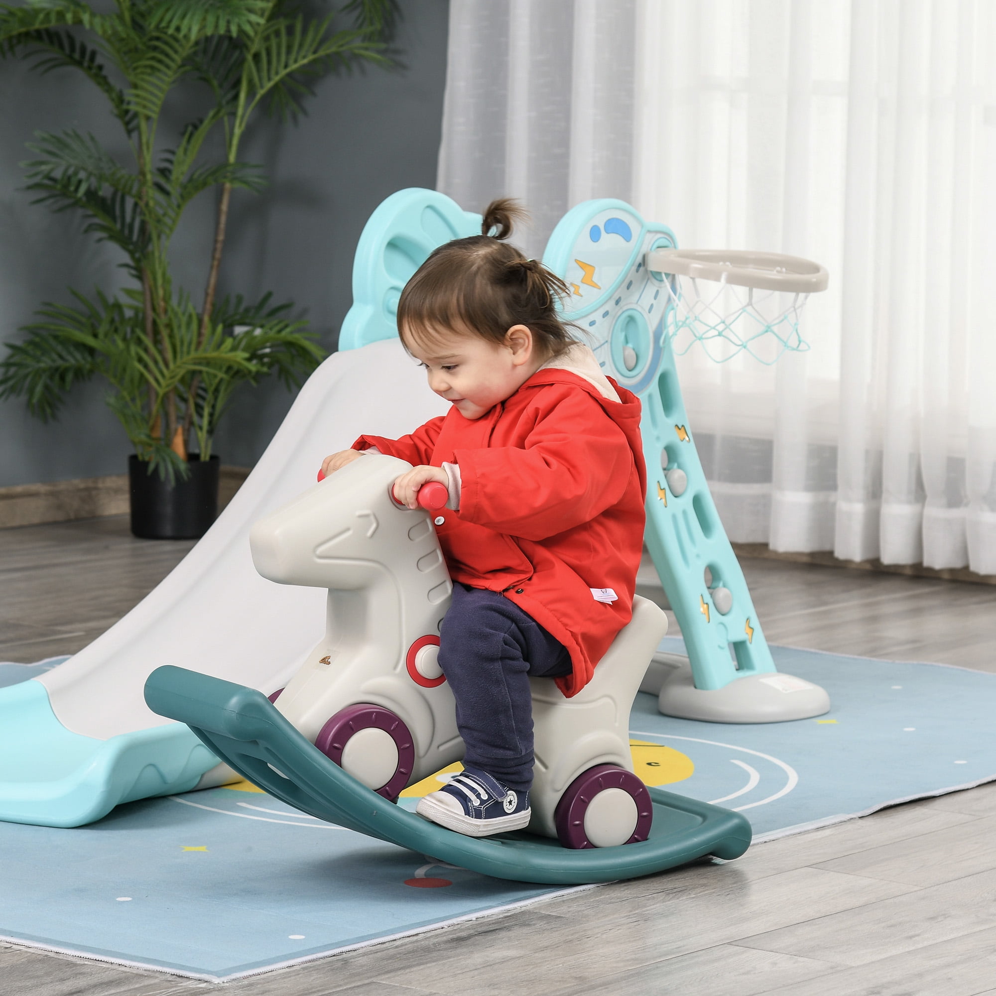 Qaba Kids 2 in 1 Rocking Horse & Sliding Car for Indoor & Outdoor Use w ...