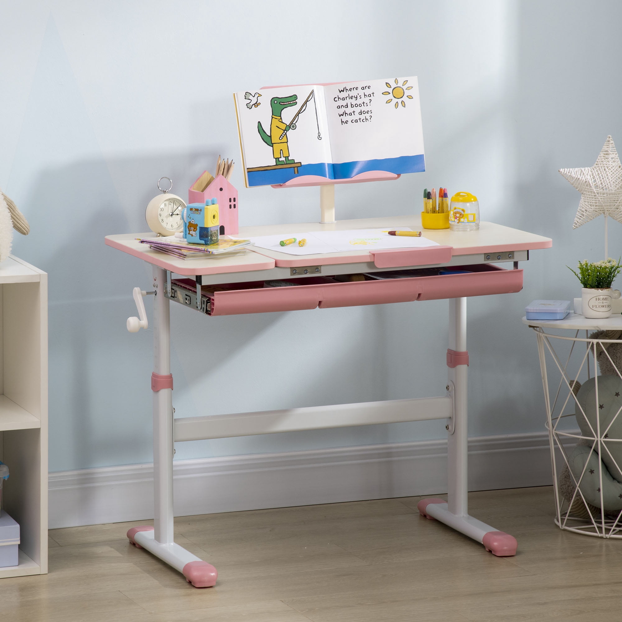 Qaba Kids Art Desk & Homework Desk, Height Adjustable Desk for Kids ...