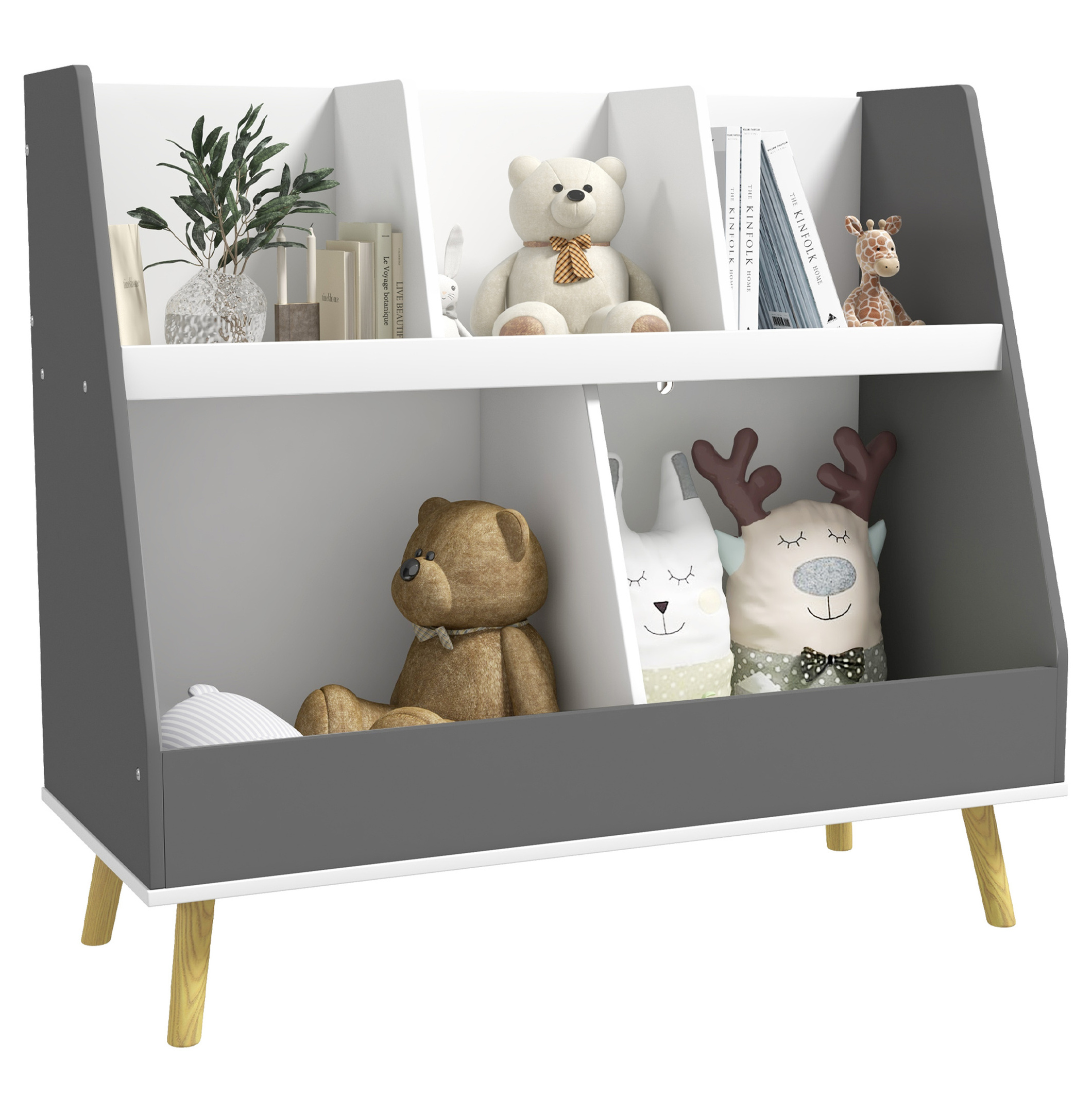 Qaba Kids Bookcase Toy Shelf, 2 Tier Toddlers Toy Storage Shelf with 5 ...