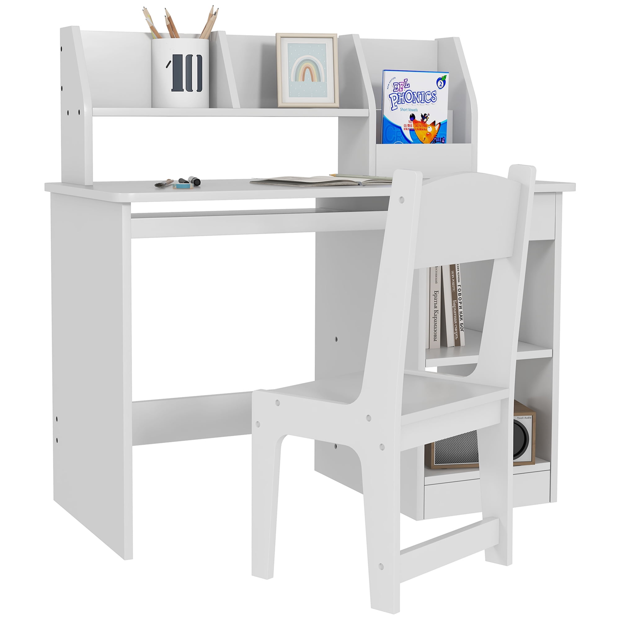 Qaba Kids Desk and Chair Set for 5-8 Year Old with Storage, White ...