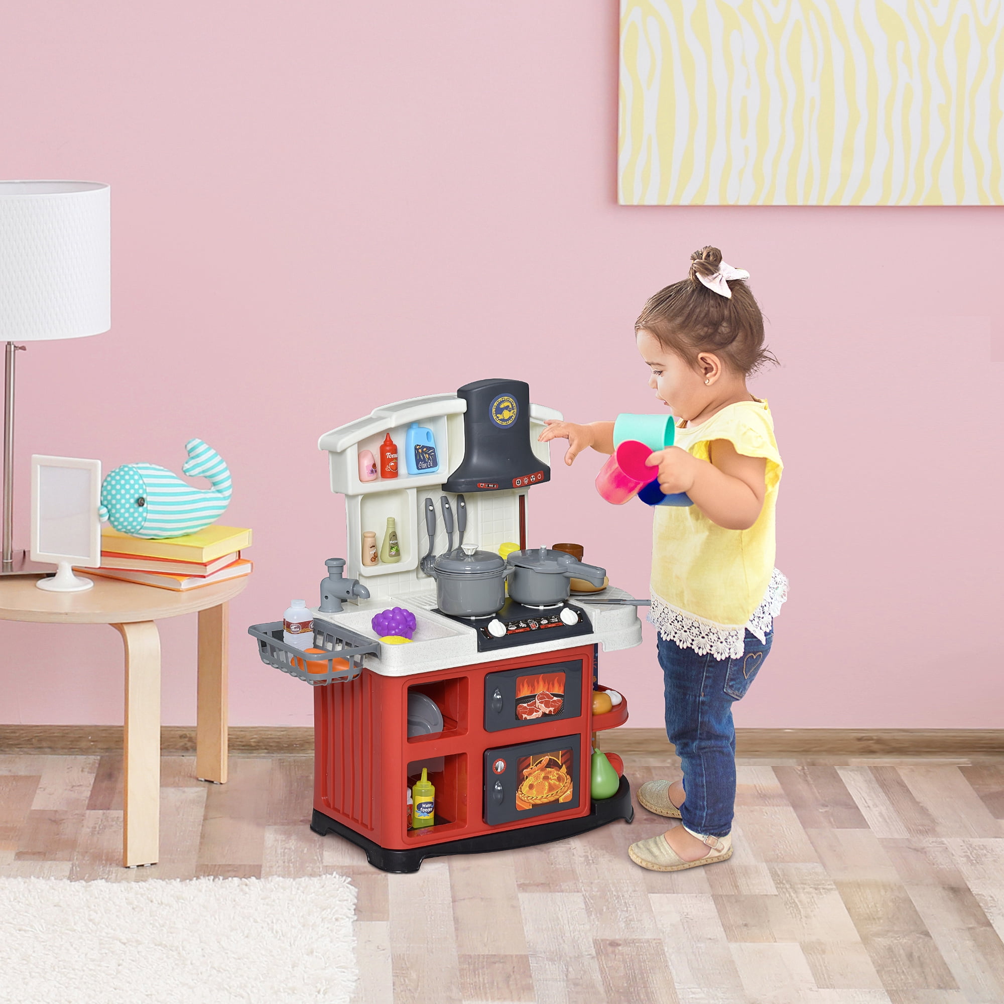 Qaba Kids Kitchen Playset with Simulation of Spray, 52-Piece Toy ...