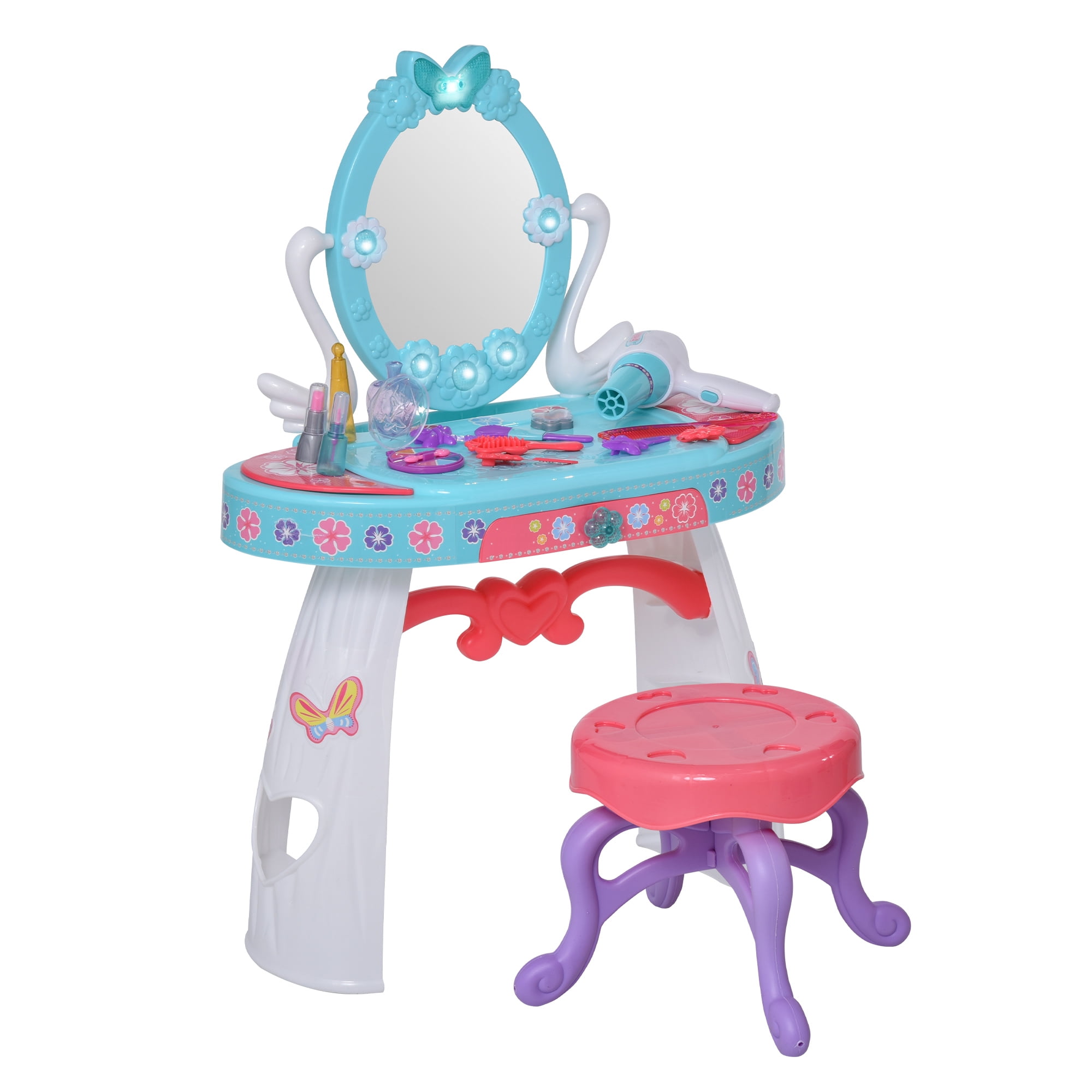 Qaba Kids Makeup Table and Chair, Vanity Set with Mirror Lights, Sounds ...