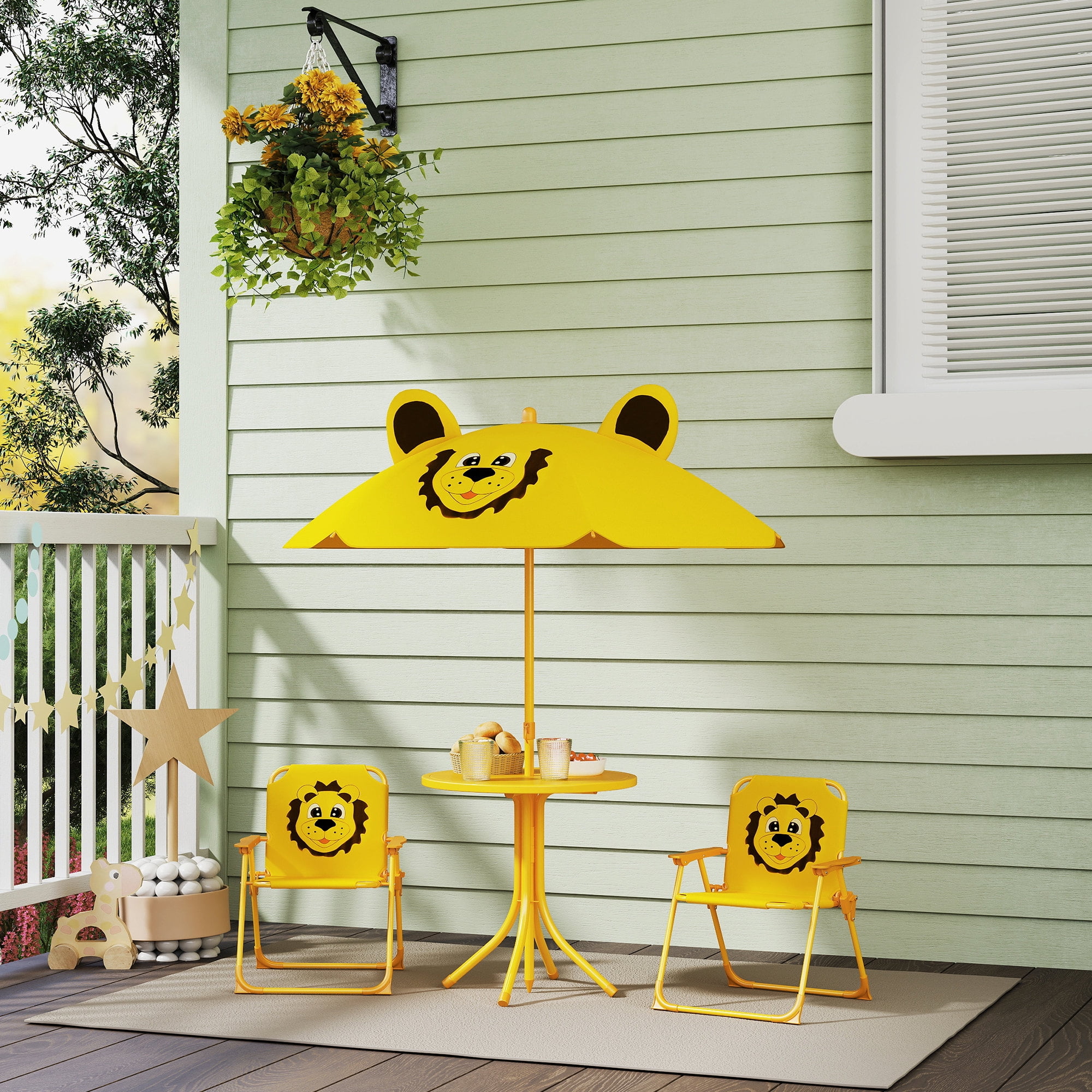 Qaba Kids Picnic Table and Chair Set, Bee Pattern Outdoor Activity ...