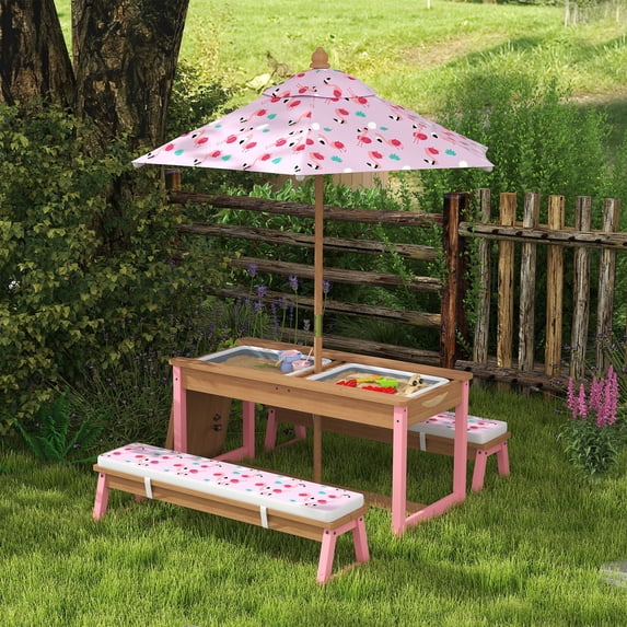 Qaba Kids Picnic Table, Wooden Table and Bench Set with Foldable ...
